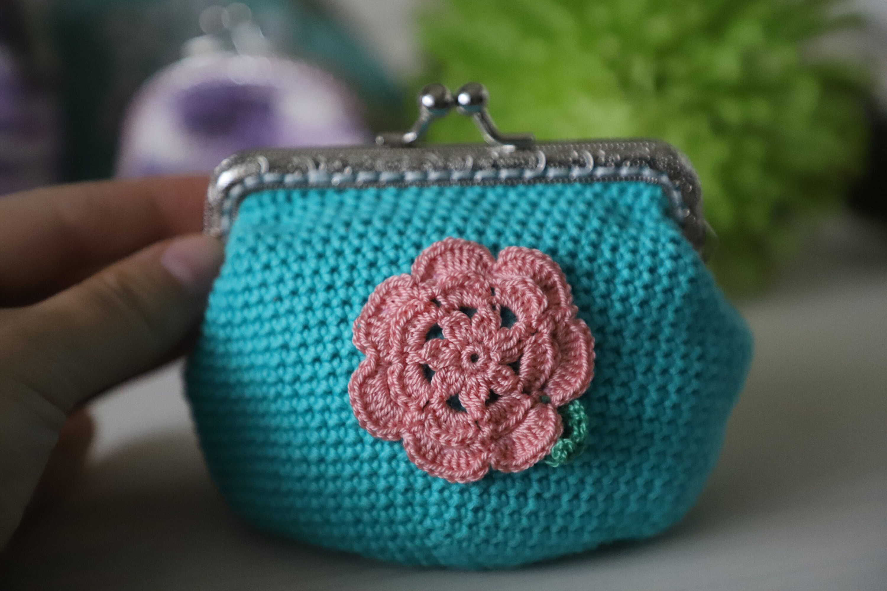 Crochet coin purse with a flower silver frame designed by | Etsy
