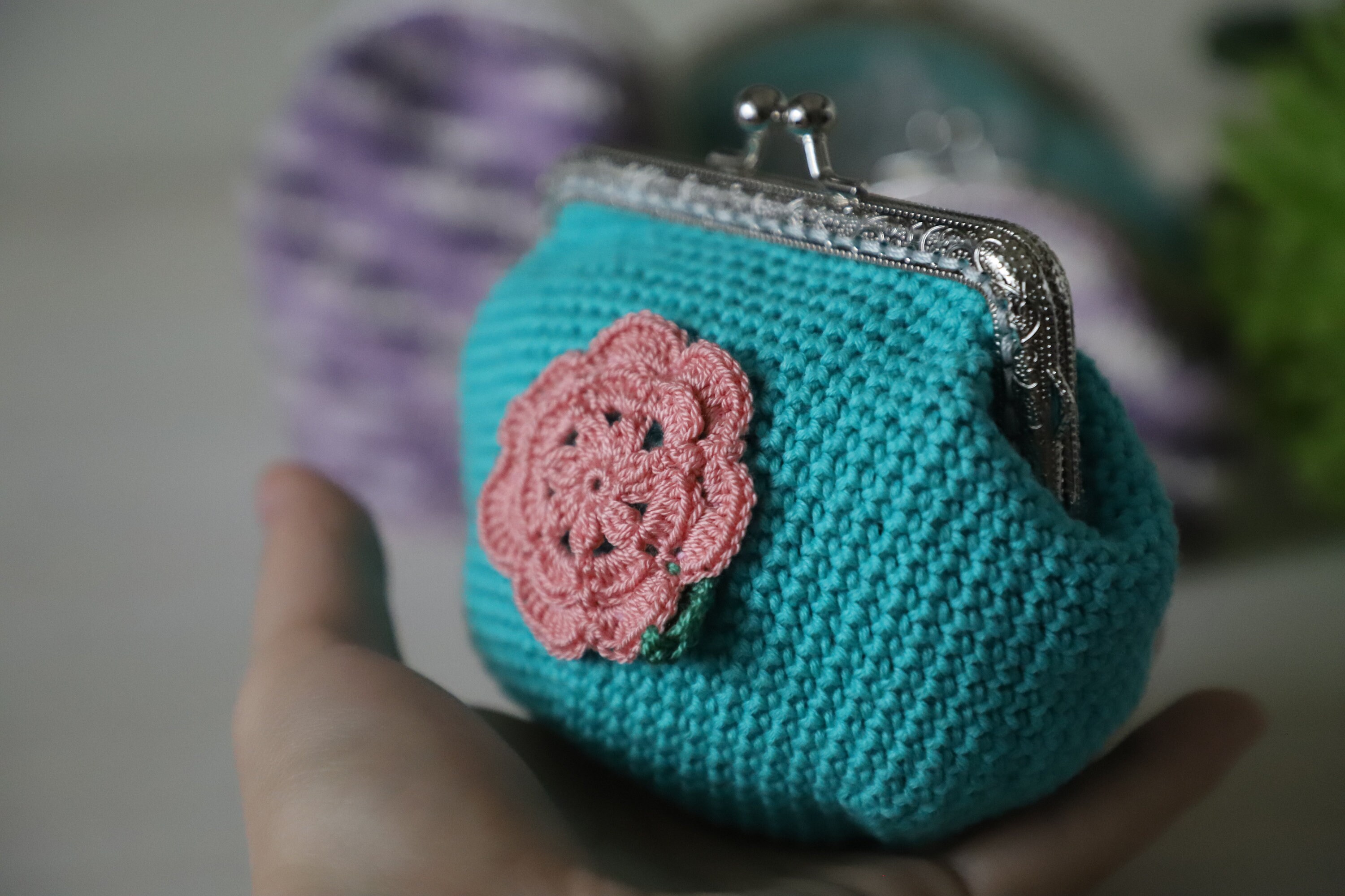 Crochet coin purse with a flower silver frame designed by | Etsy