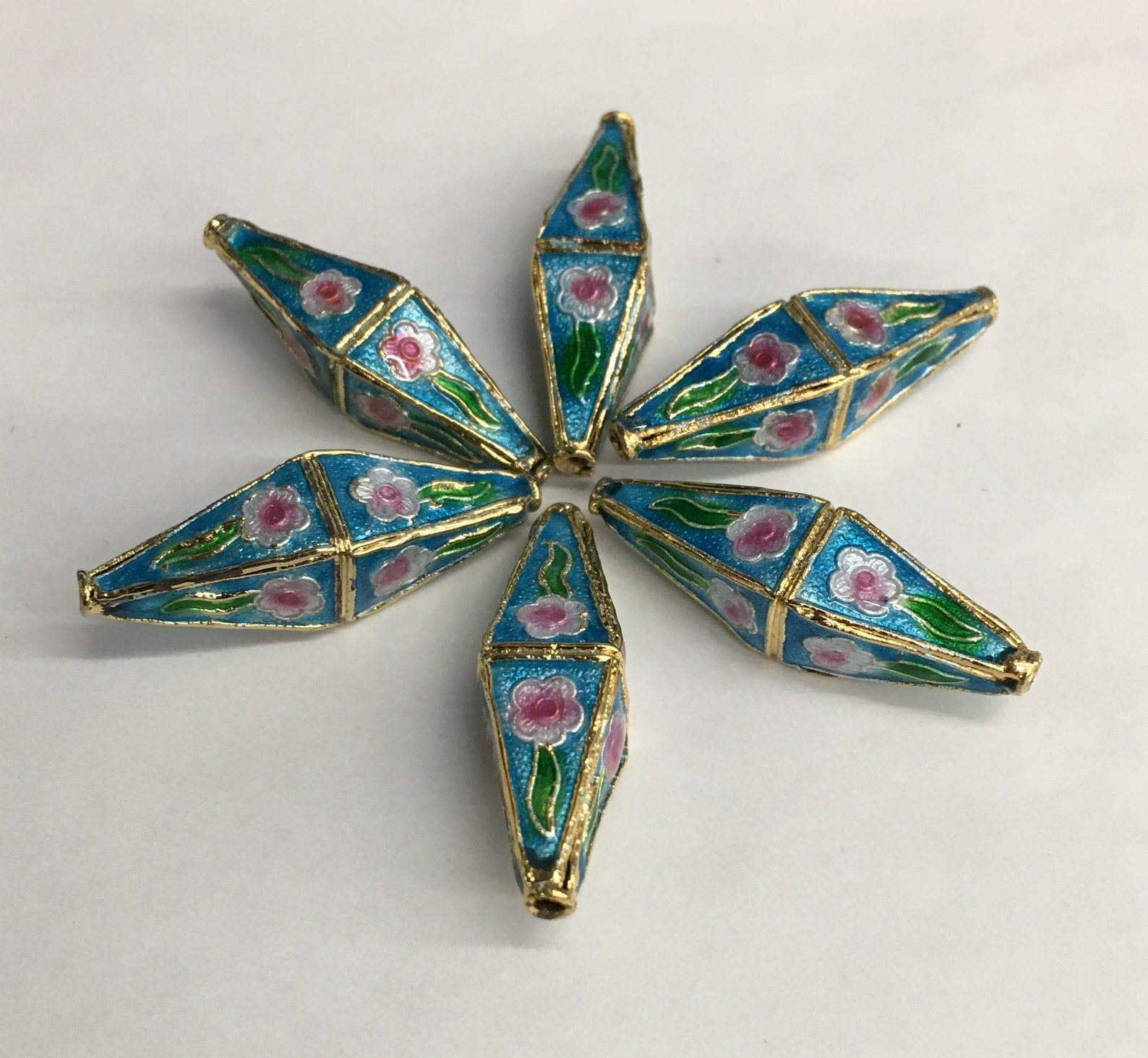 9x32mm Diamond / Double-cone Shaped Cloisonne Beads in Light Blue ...