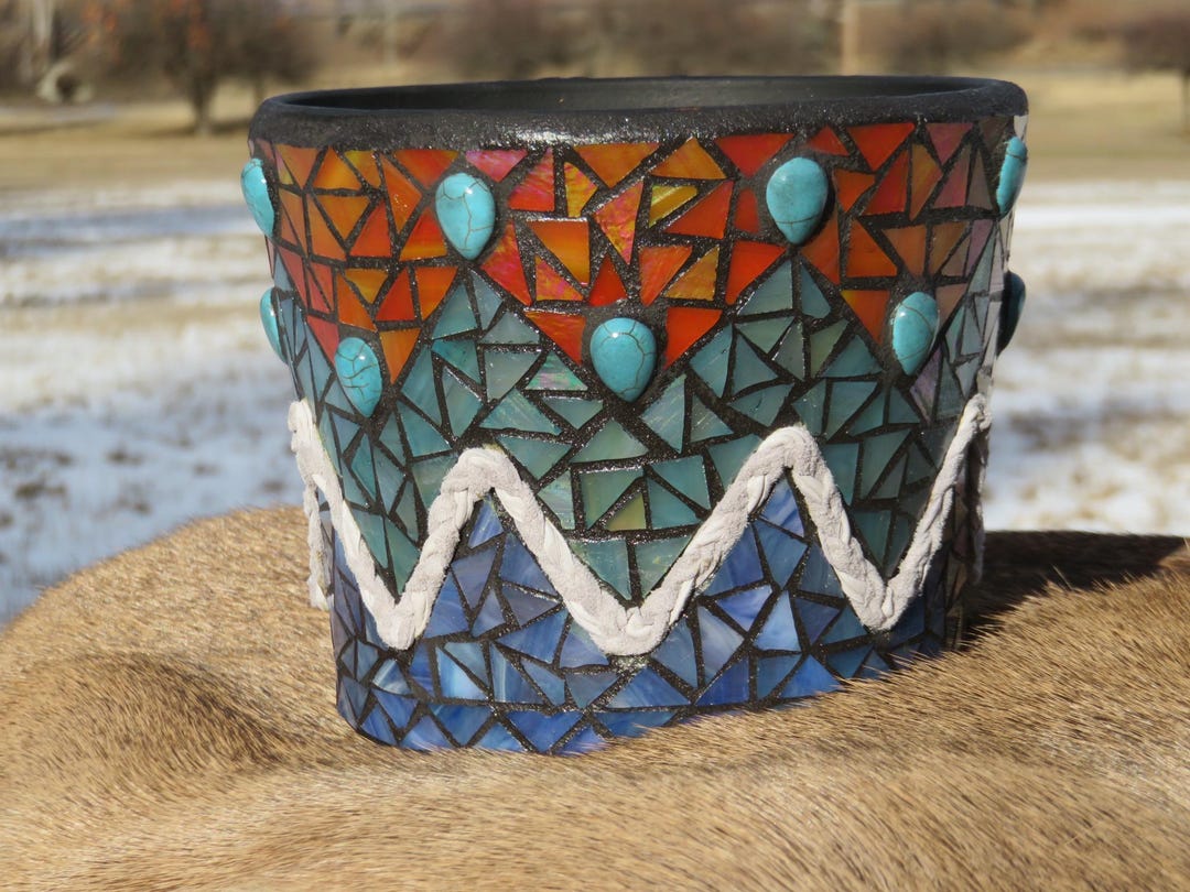 Mosaic Stained Glass 6 Inch Clay Pot, Beads, Leather, Turquoise ...