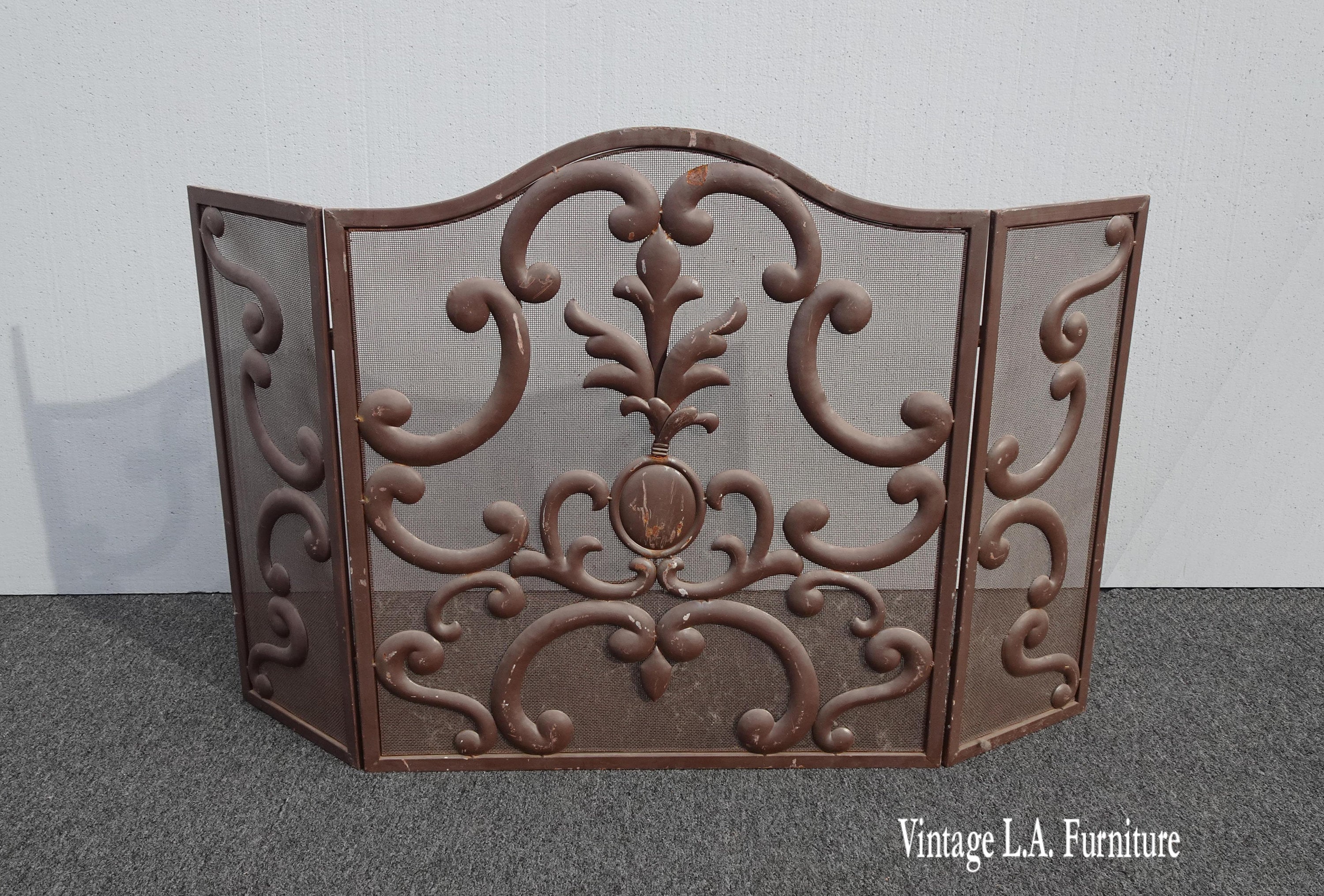 Vintage French Country Brown Three Panel Fireplace Screen w Scrolls ...