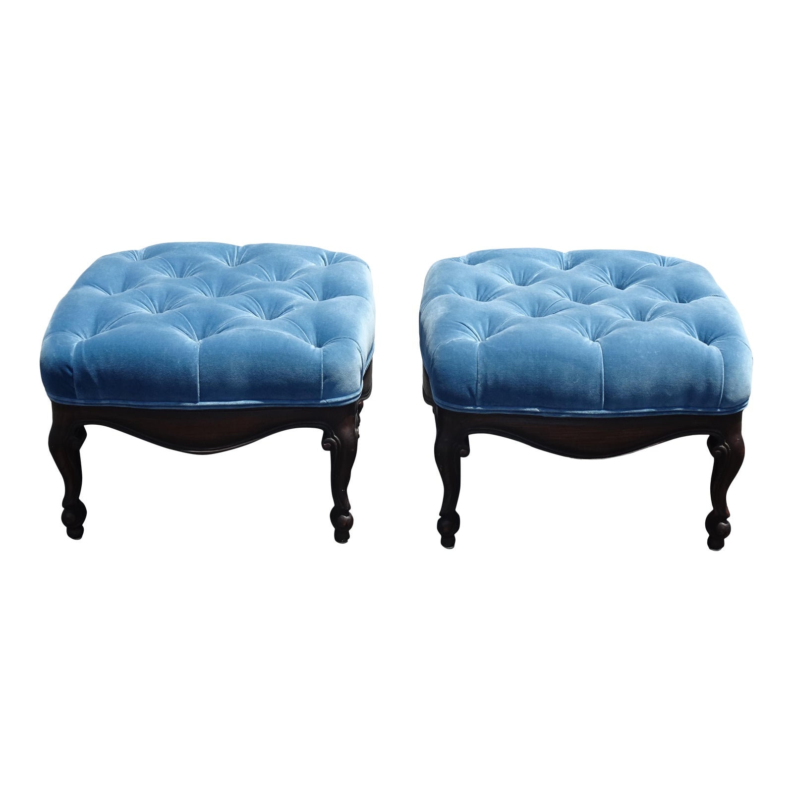 Pair of Vintage French Country Blue Tufted Velvet Ottomans w Cabriole Legs