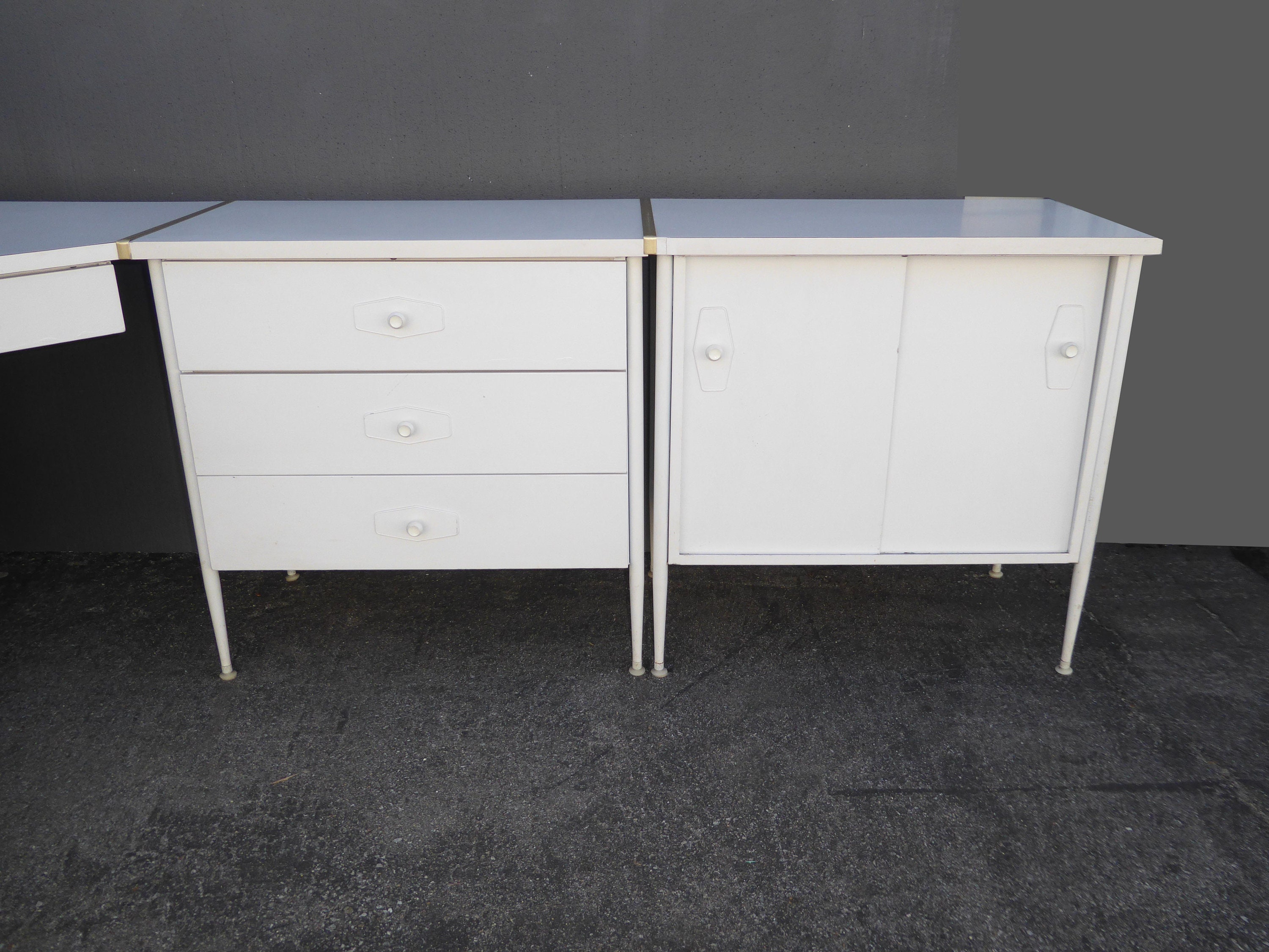 Vintage Mid Century Modern Modular White Corner Desk w Cabinets Shelves ...