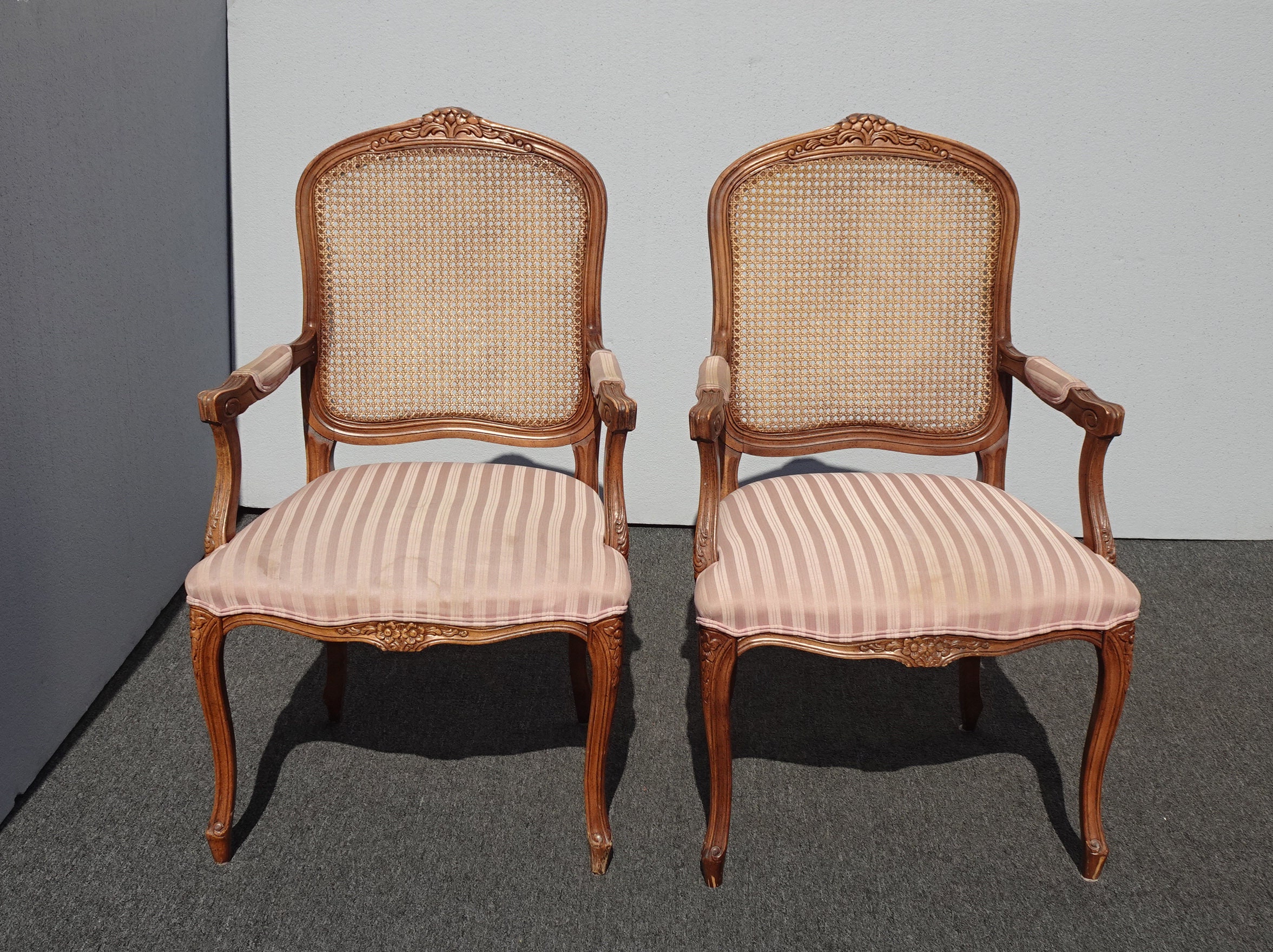 Pair of French Provincial Country Cane Rose Accent Chairs Chaircraft ...