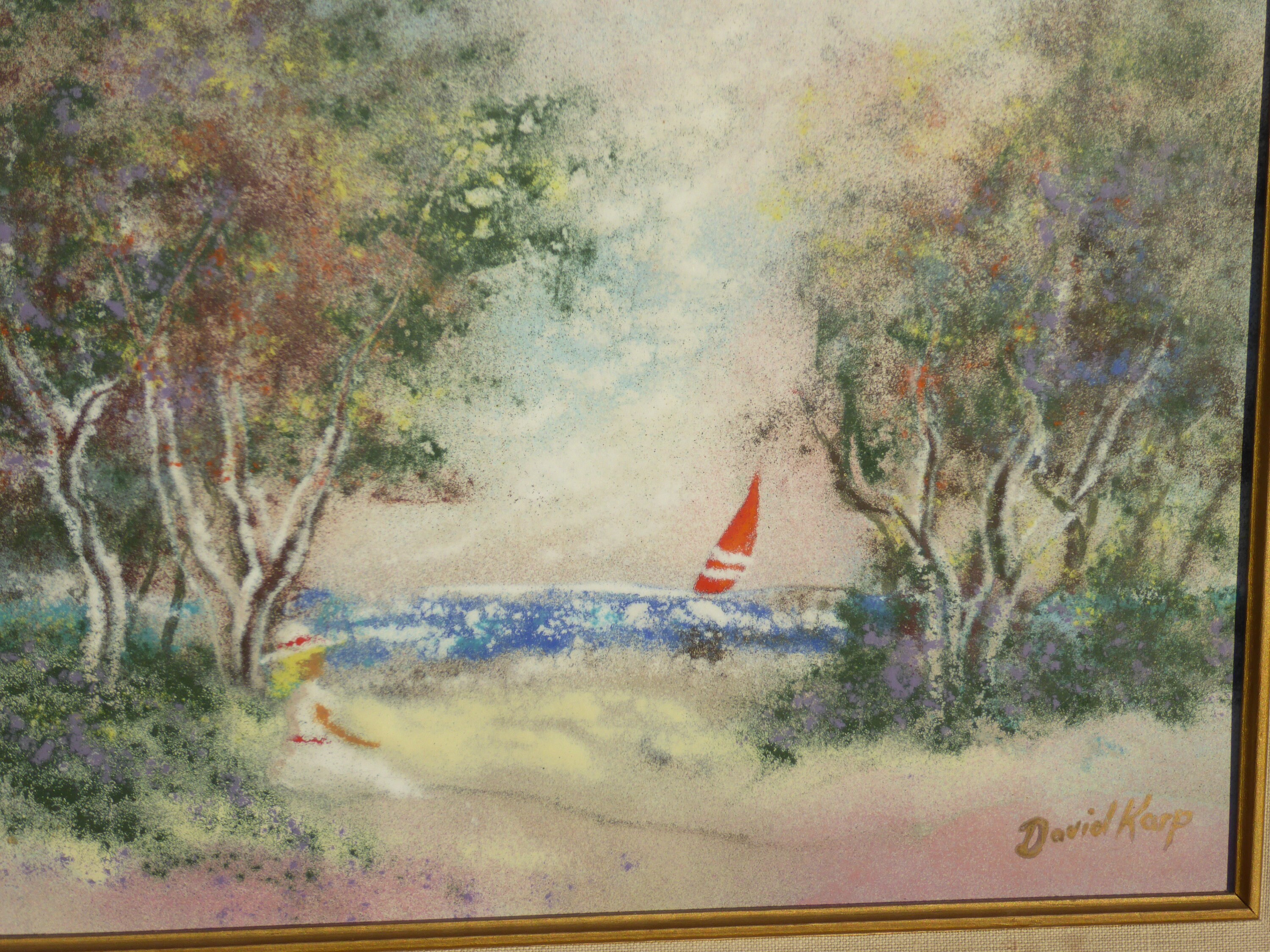 David Karp Woman Watching Sail Boat Scene Enamel on Copper Painting Picture