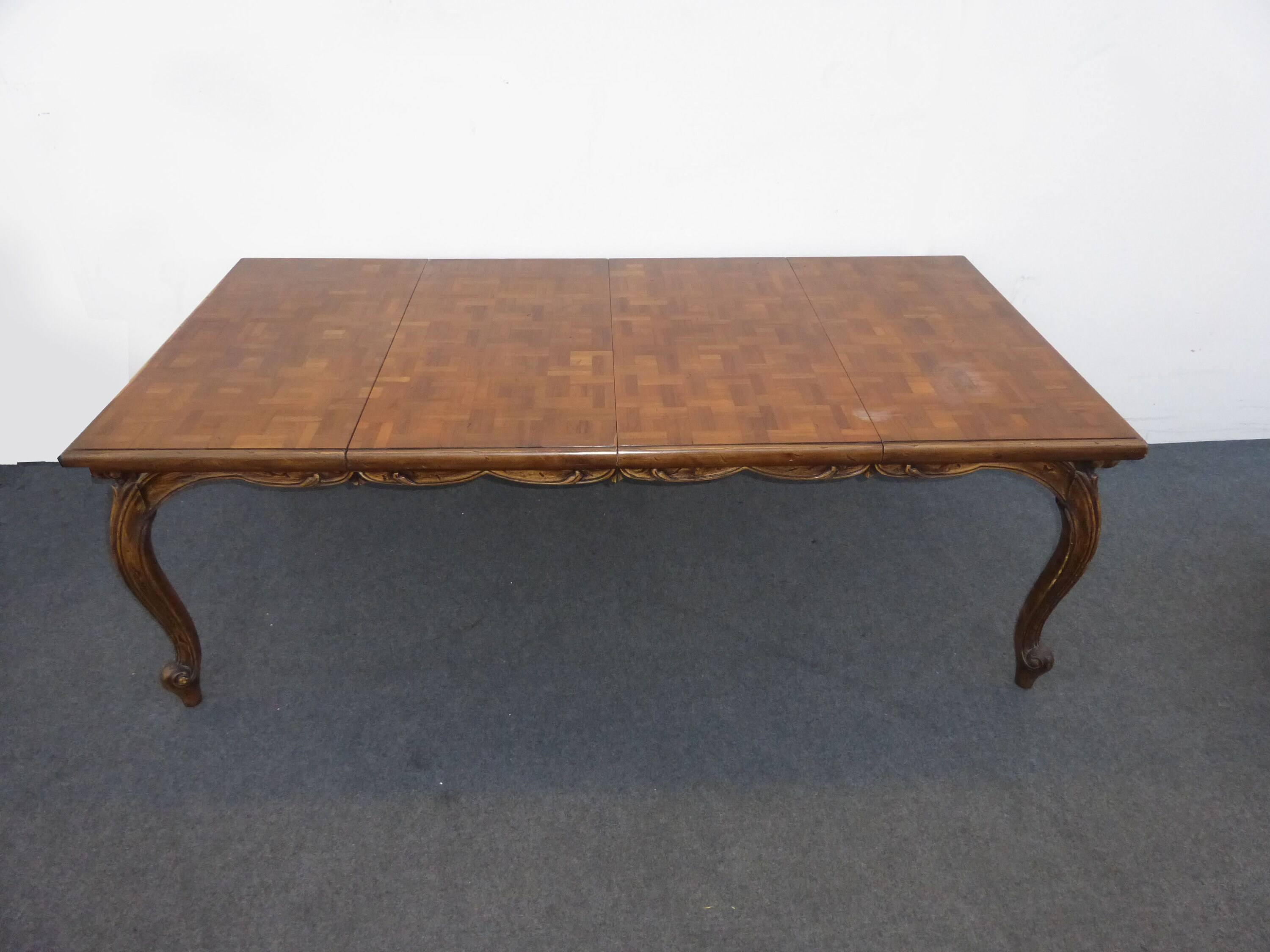 Vintage French Provincial Dining Table with Parquet Top w 2 Leaves