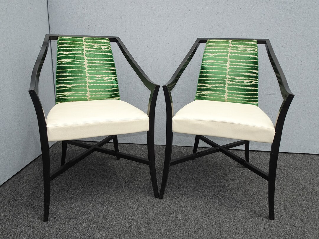 Pair of Italian Rubelli Casa Leather Green & White Side Chairs Made in ...