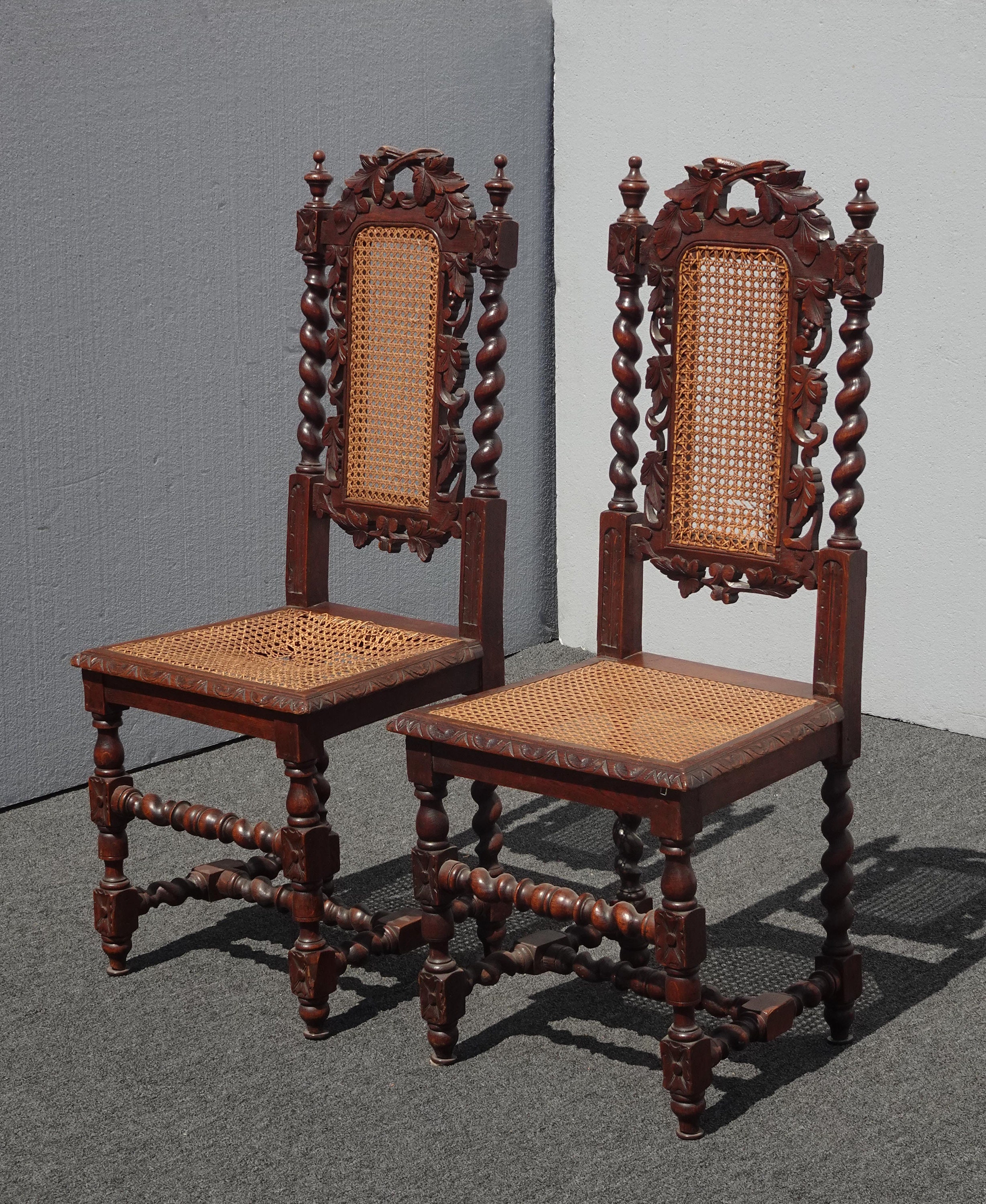 Pair Vintage Spanish Style Ornately Carved Chairs W Cane & Barley Twist ...