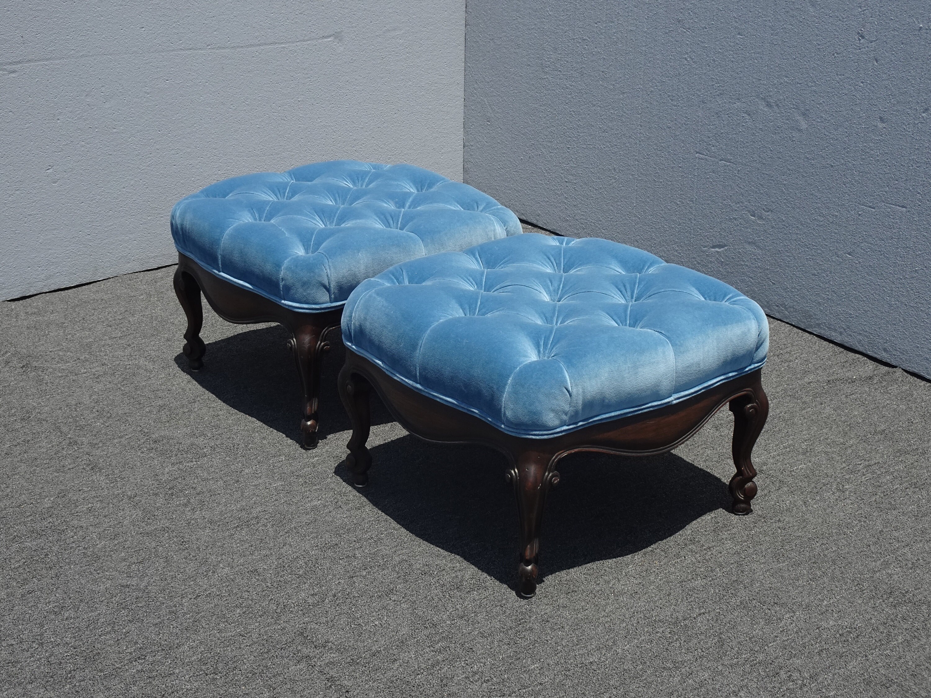 Pair of Vintage French Country Blue Tufted Velvet Ottomans w Cabriole Legs