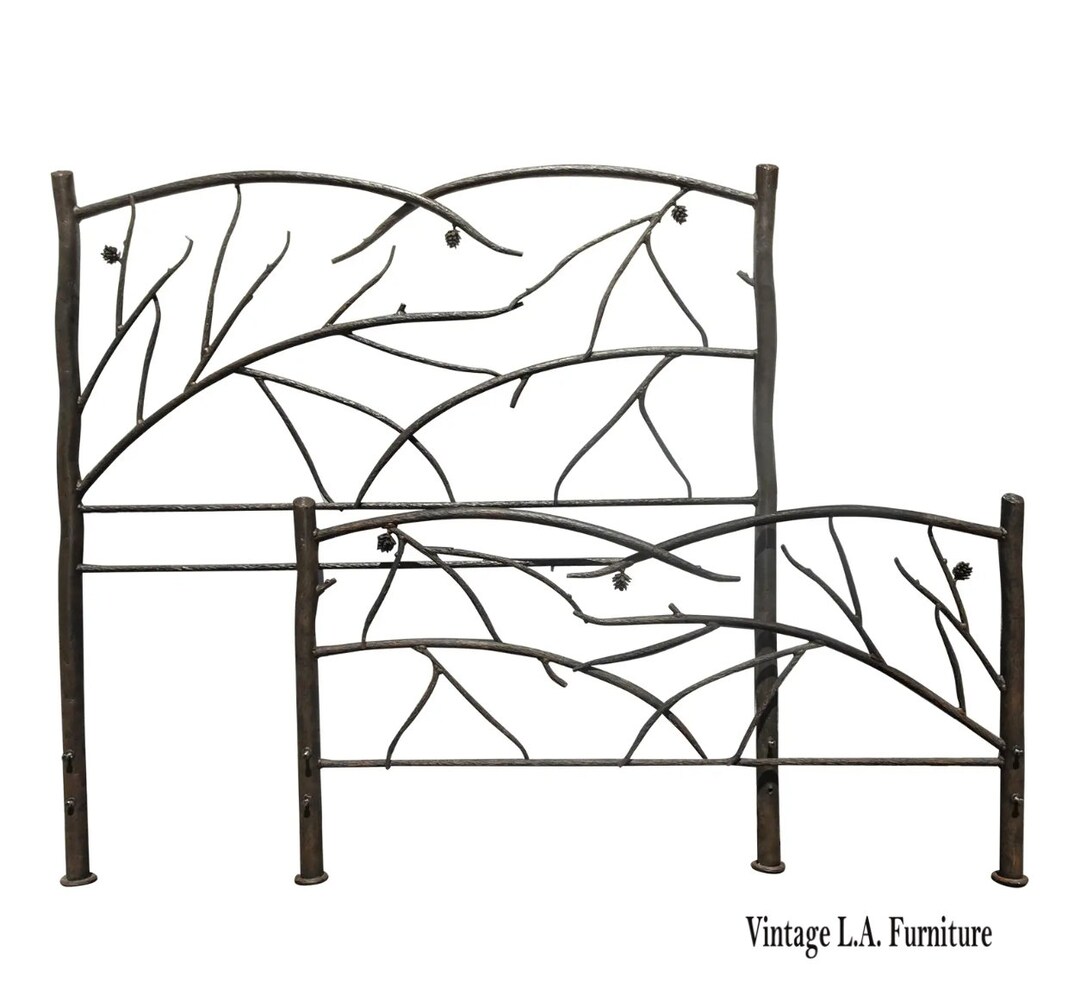 Vintage Evergreen Cones Black Iron Tree Branch Queen Bed Frame ...
