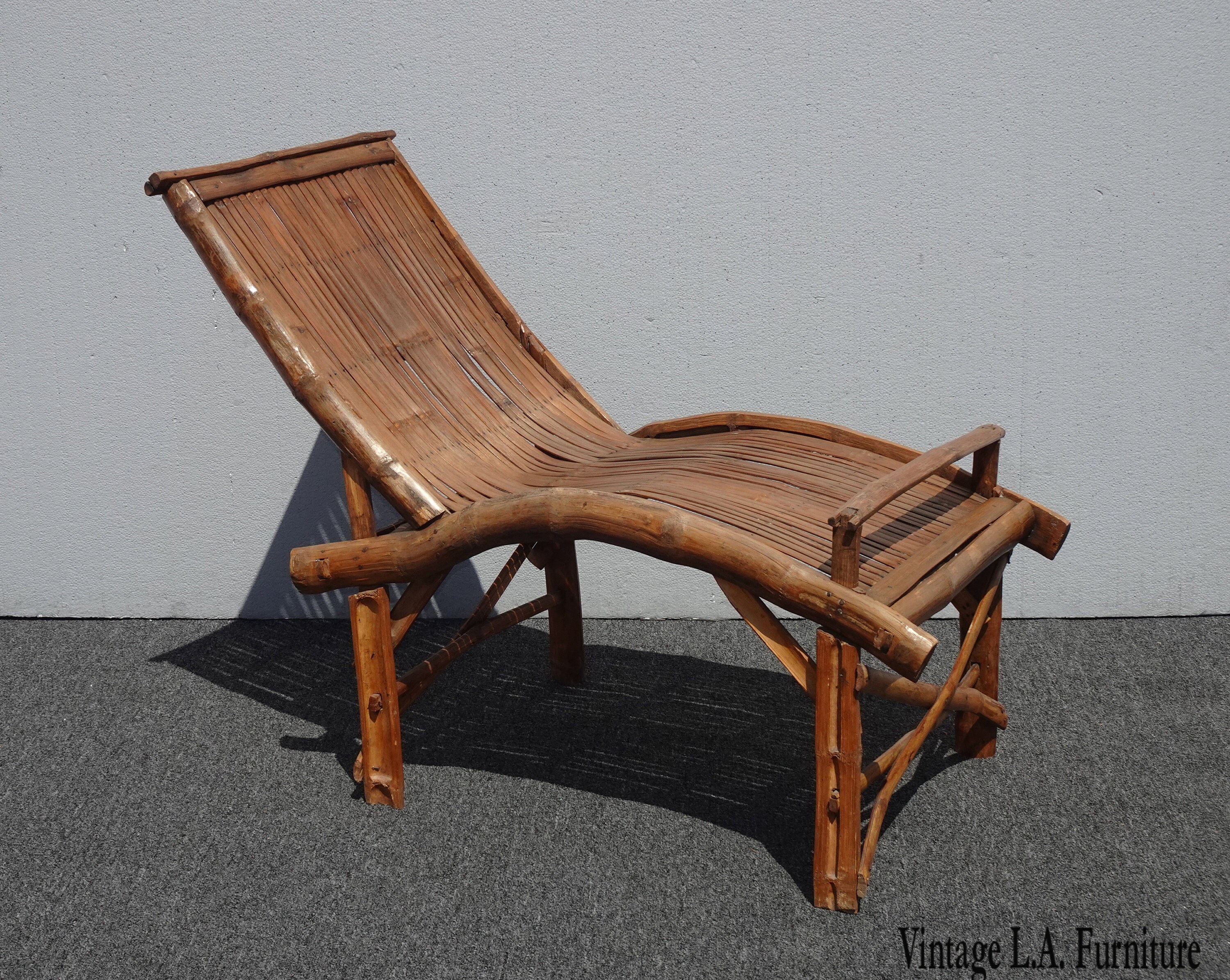 Vintage Mid Century Primitive Rustic Rattan Chaise Lounge Chair Tiki ...