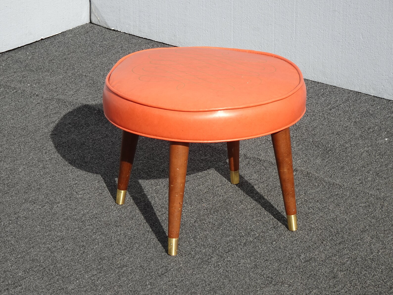 Vintage Mid Century Modern Orange Footstool Bench W Peg Legs Stool ...