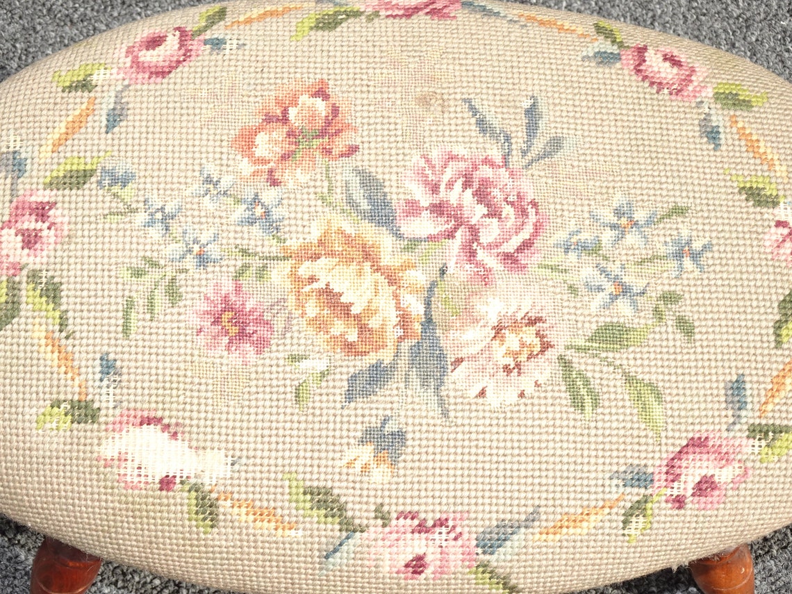 Vintage French Country Tan Needlepoint Floral Tapestry on Oak - Etsy
