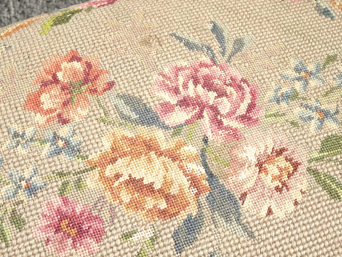 Vintage French Country Tan Needlepoint Floral Tapestry on Oak - Etsy