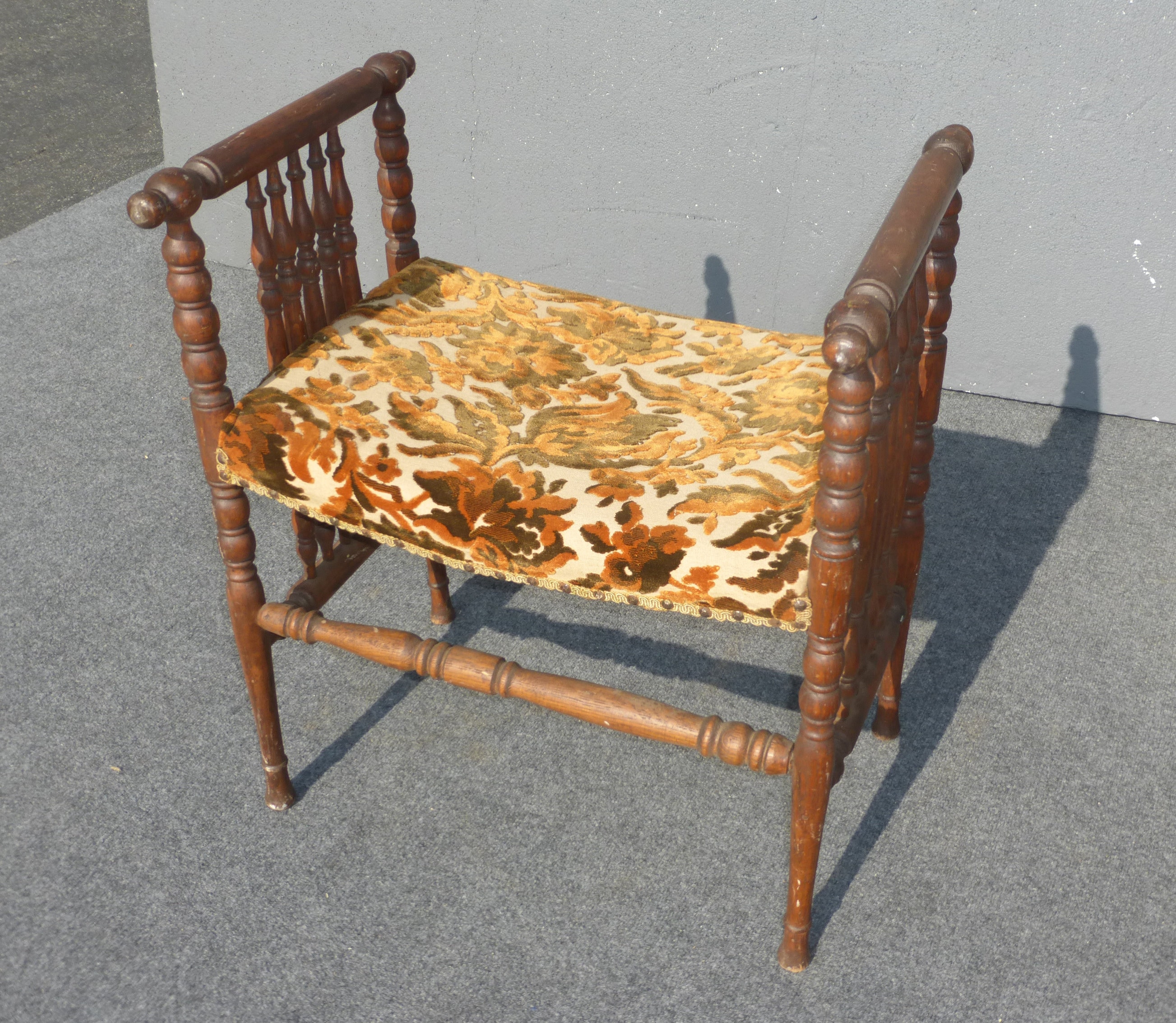 Antique English Tudor Wood BENCH Stool with Floral Velvet Fabric