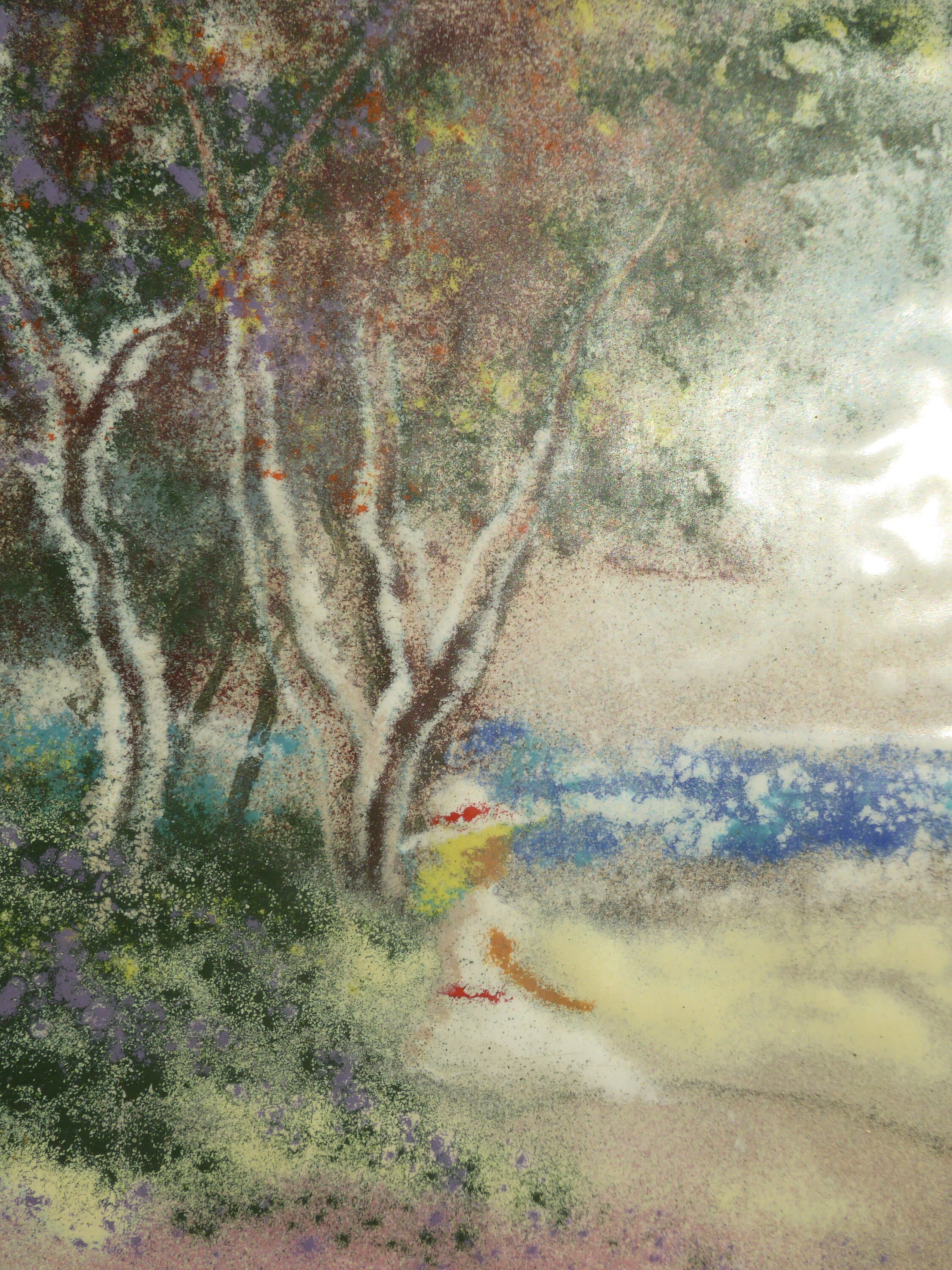 David Karp Woman Watching Sail Boat Scene Enamel on Copper Painting Picture