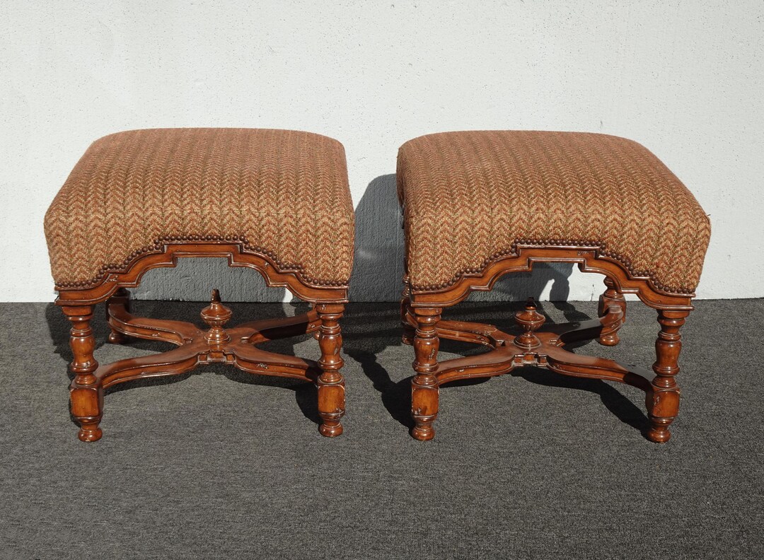 Pair Vintage Marge Carson French Country Styl Brown Ottomans W ...