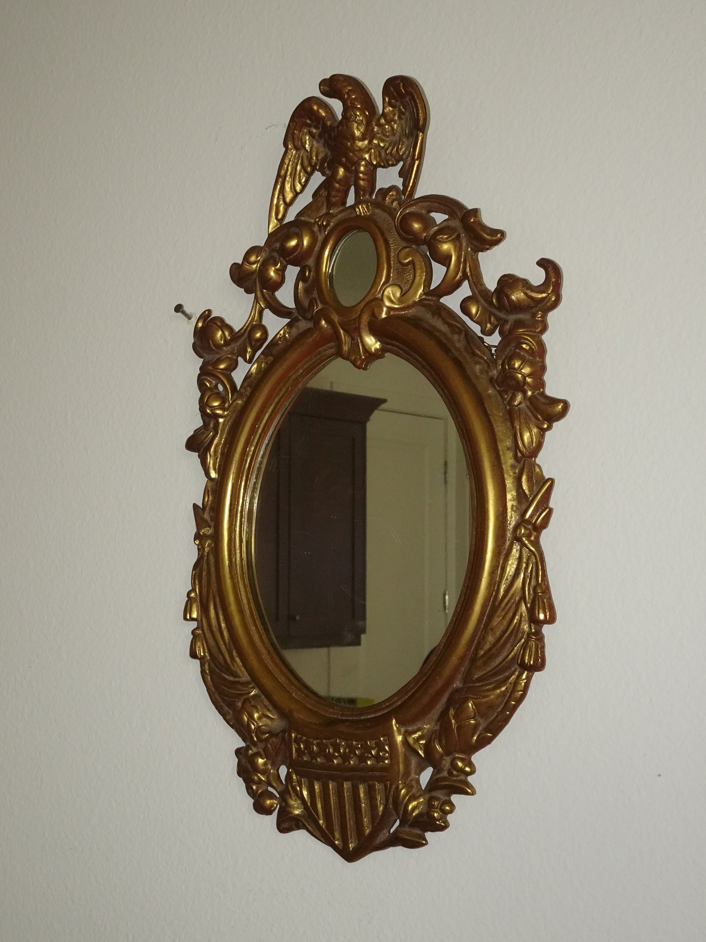 Vintage Solid Brass Eagle Federal Shield Mirror Civil War Era Patented