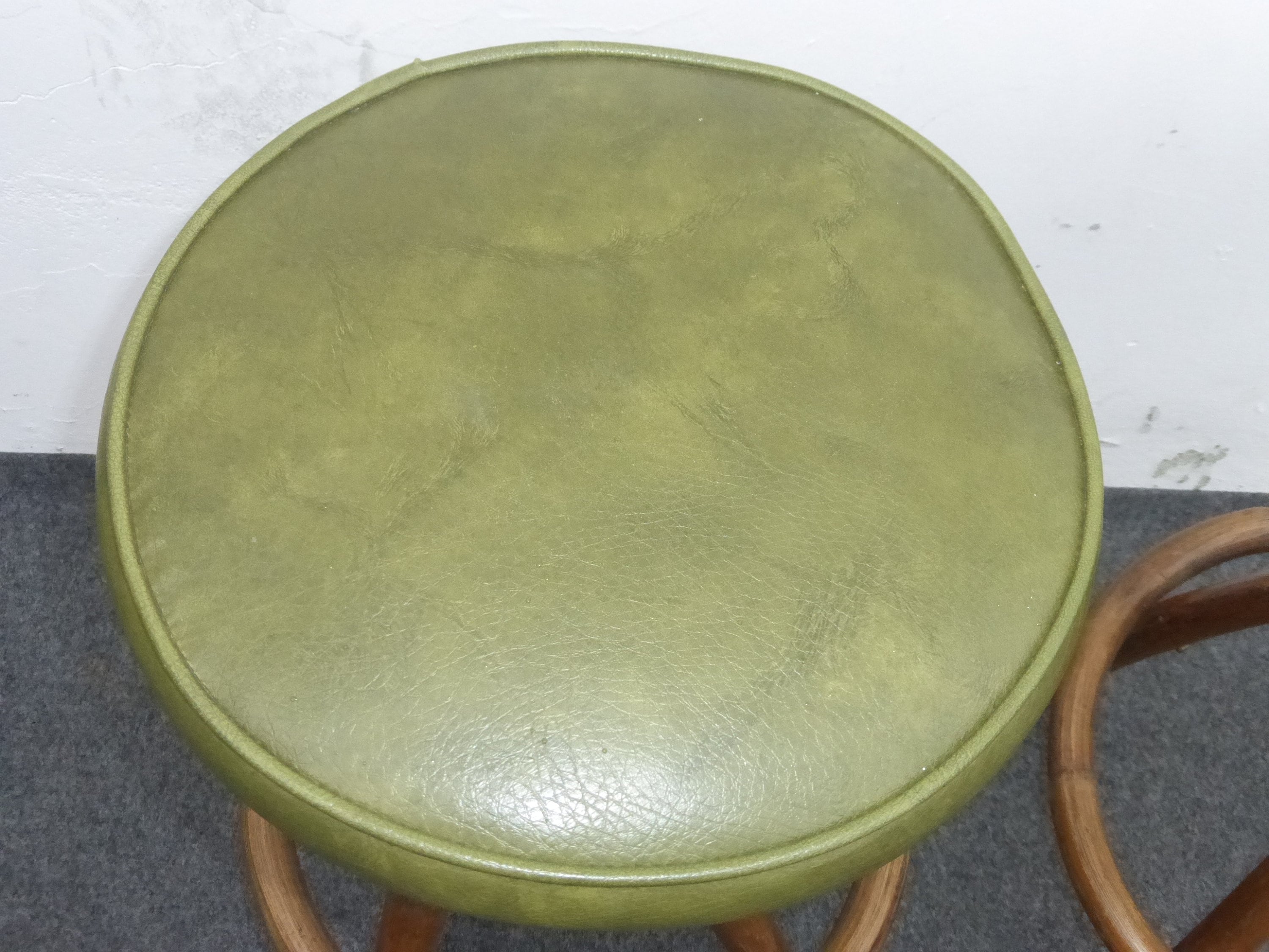 Pair Unique Vintage Mid-Century Modern Green Vinyl Bentwood Bar Stools ...
