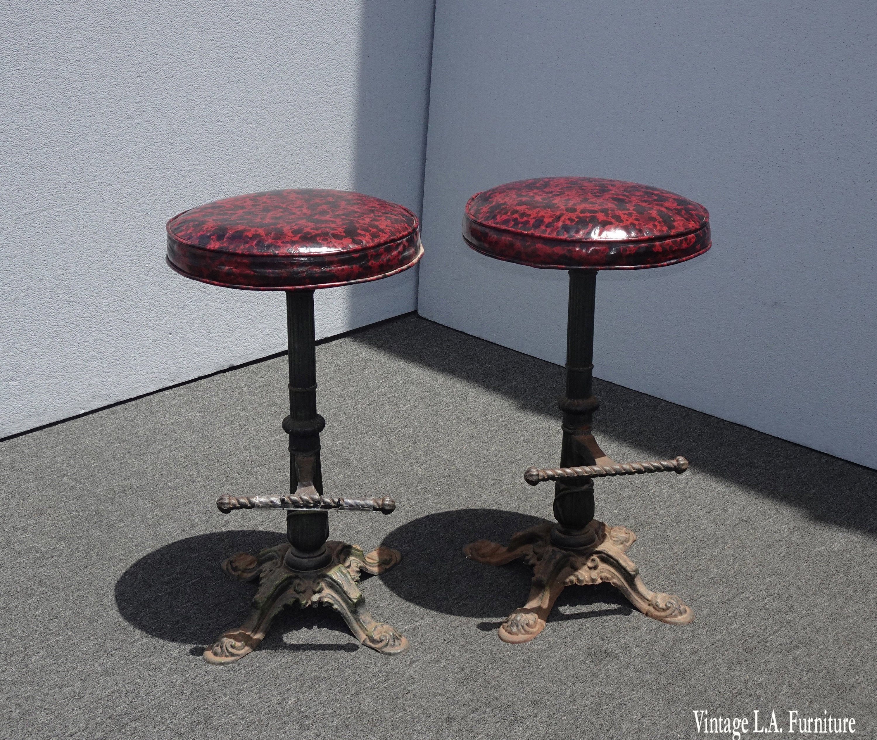 Pair Vintage Spanish Style Wrought & Cast Iron Red Barstools Bar Stools ...