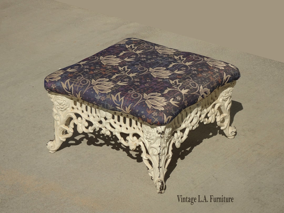 Vintage French Country Farmhouse White Cast Iron Footstool W Floral ...