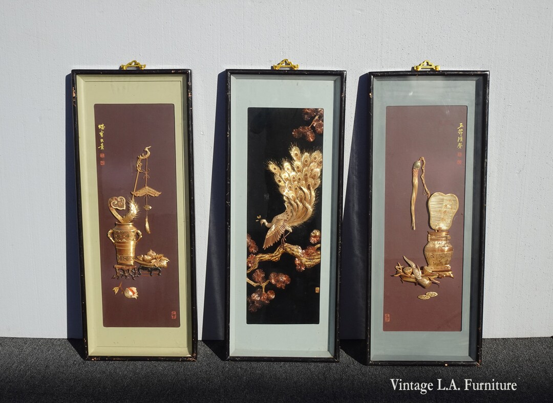 Vintage Set Three Oriental Asian Shadow Box Wall Panel Pictures W Vases ...