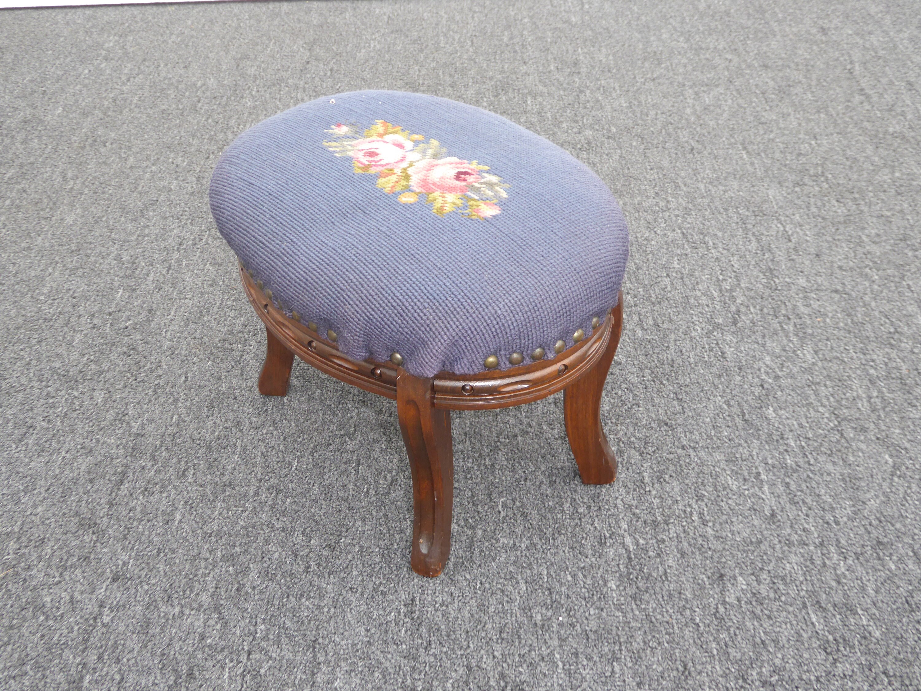 Vintage French Country Purple Tapestry Footstool w Floral Needlepoint