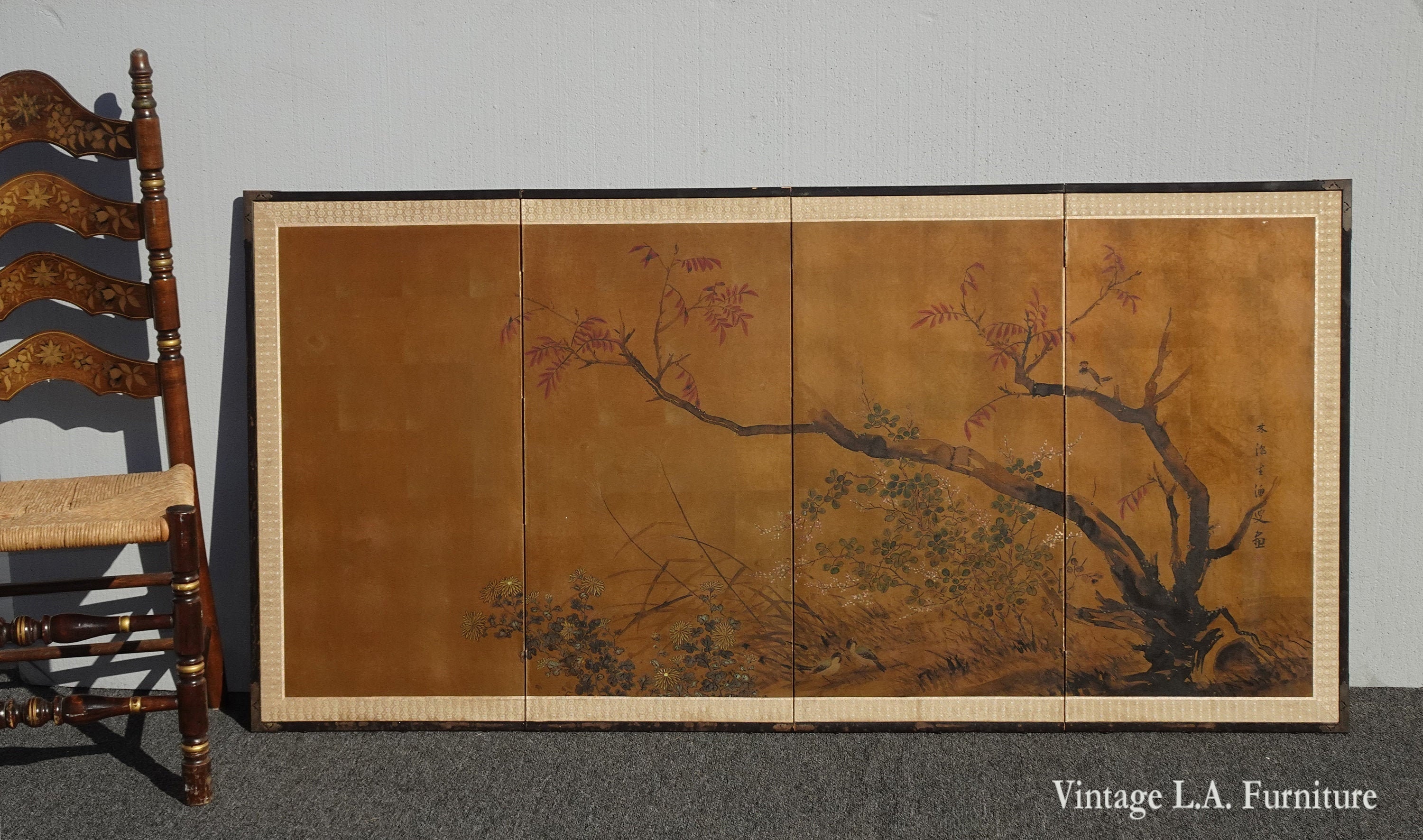 Vintage Oriental Asian Japanese Four Panel Screen Picture w Tree Made ...