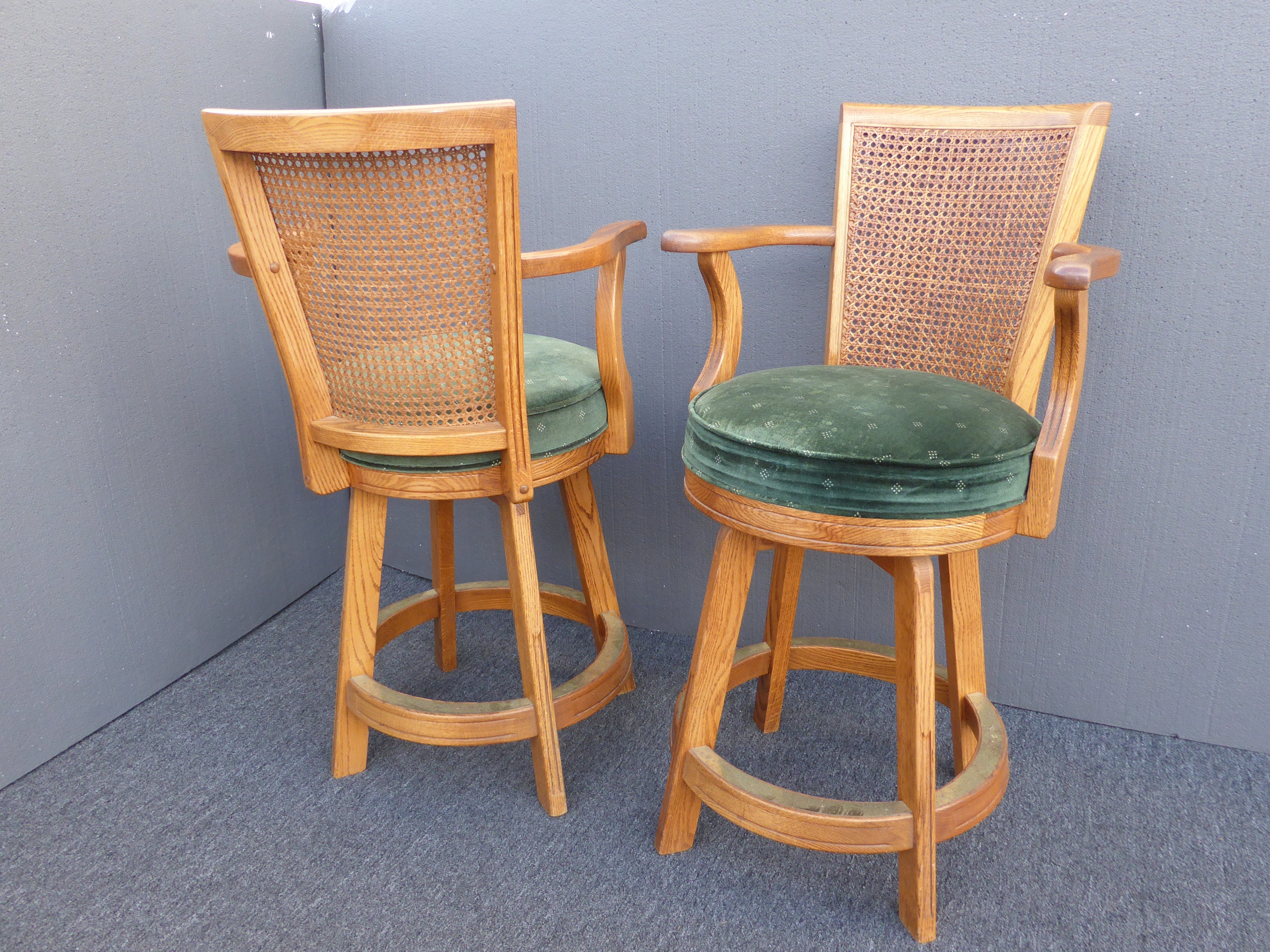 Pair Vintage Mid Century Modern Cane Back Oak Green Velvet Counter Bar ...
