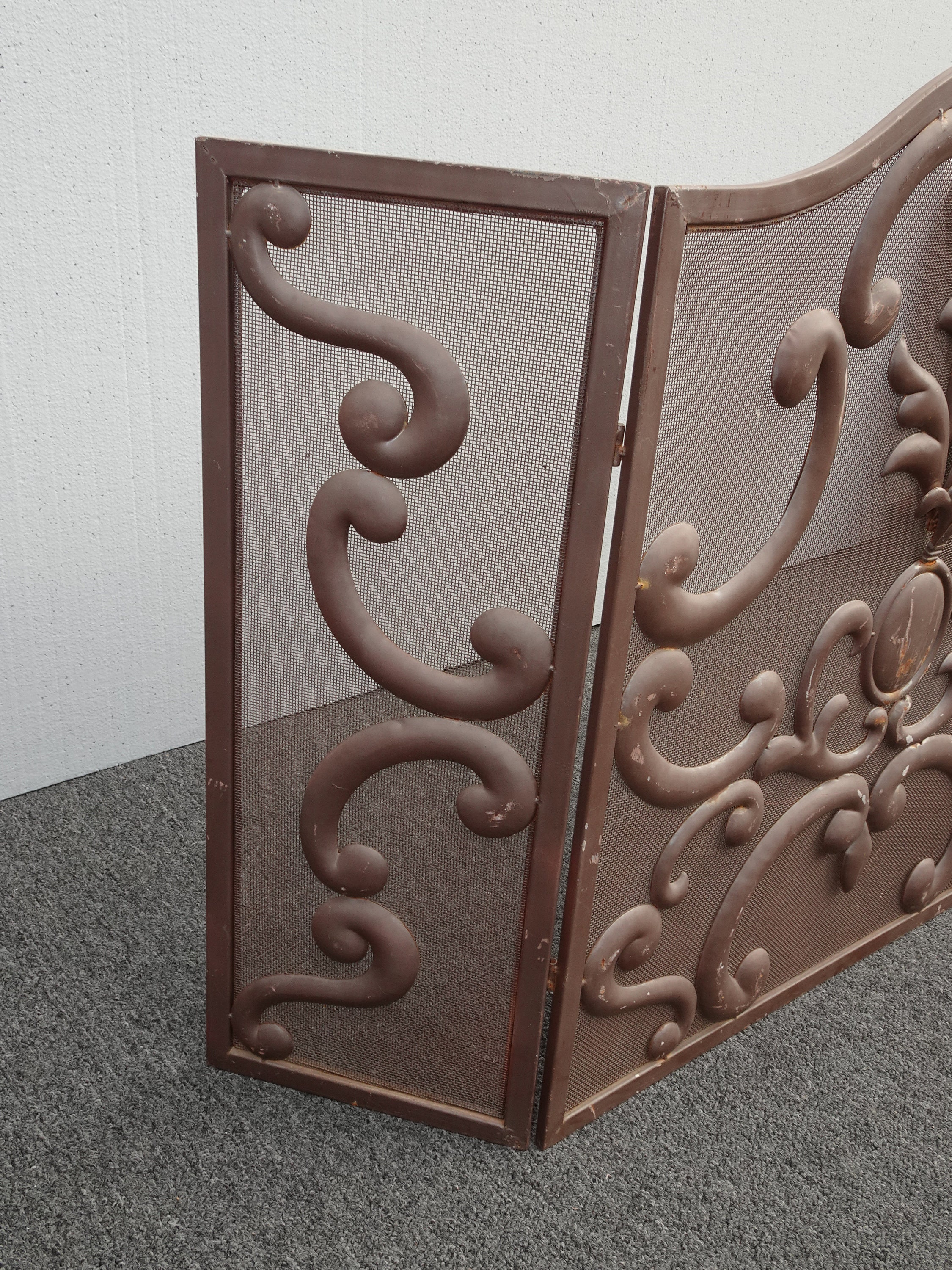 Vintage French Country Brown Three Panel Fireplace Screen w Scrolls ...