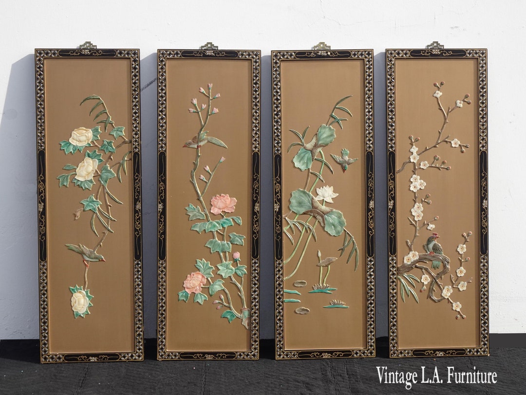 Vintage Oriental Asian Gold Four Panel Screens Picture Tree Limbs ...