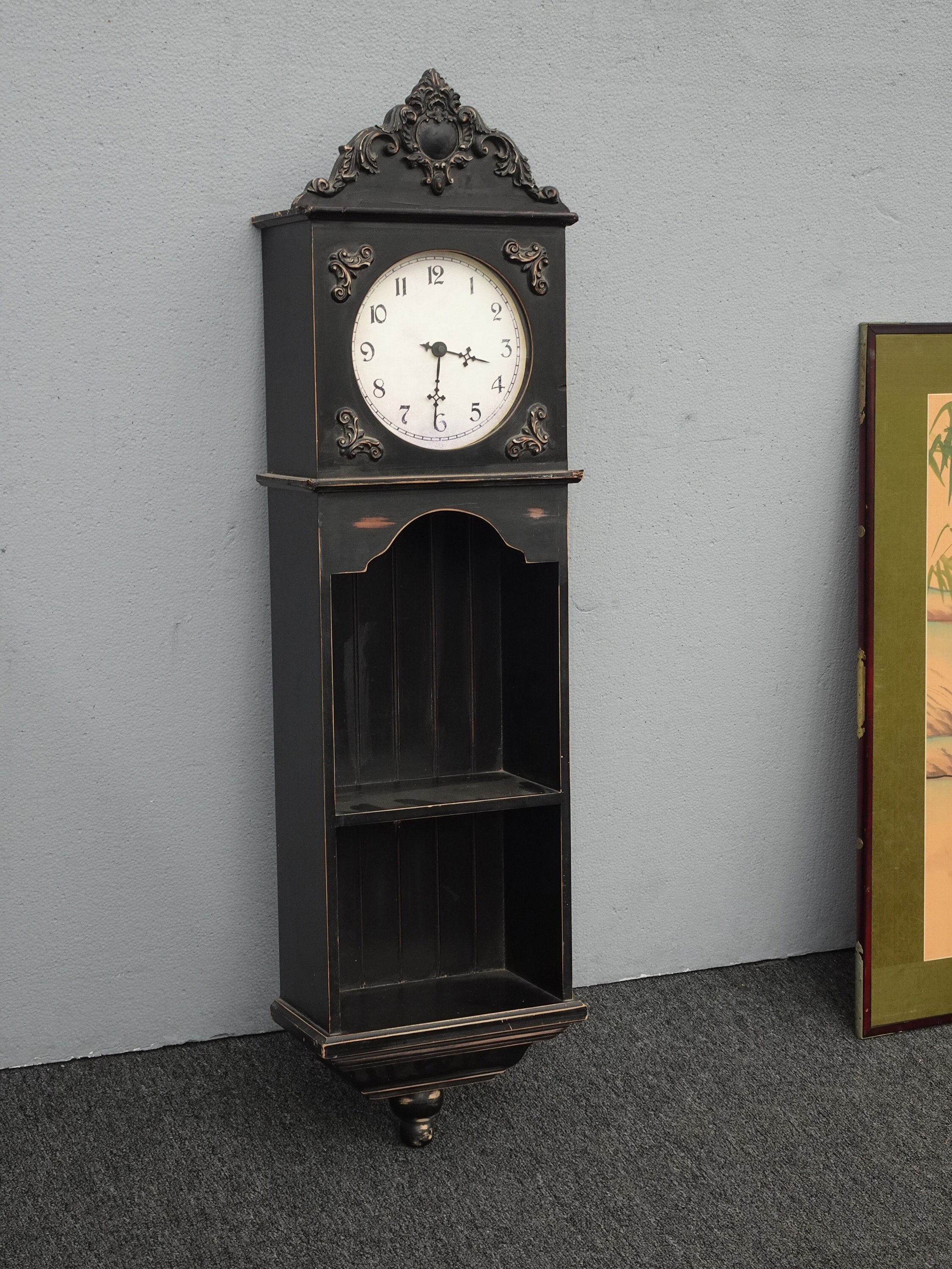 Vintage French Country Black Rustic Wall Clock with Two Shelves