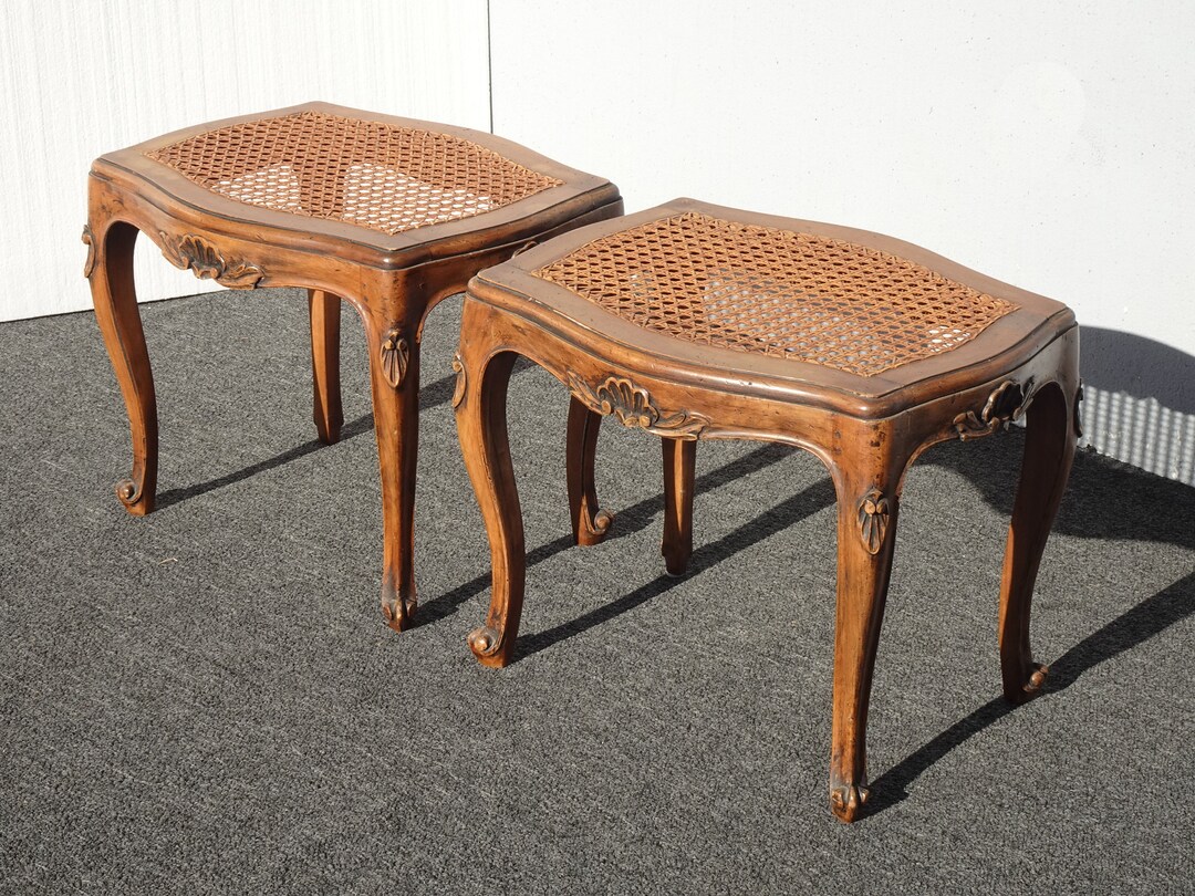 Pair of Vintage French Country Cane Benches With Two Blue Floral ...