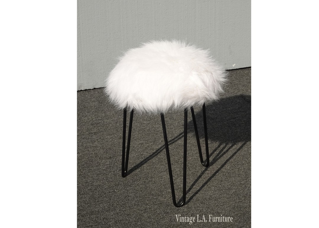 Modern White Faux Mangolian Fur Stool Footstool W Black Hairpin Legs - Etsy