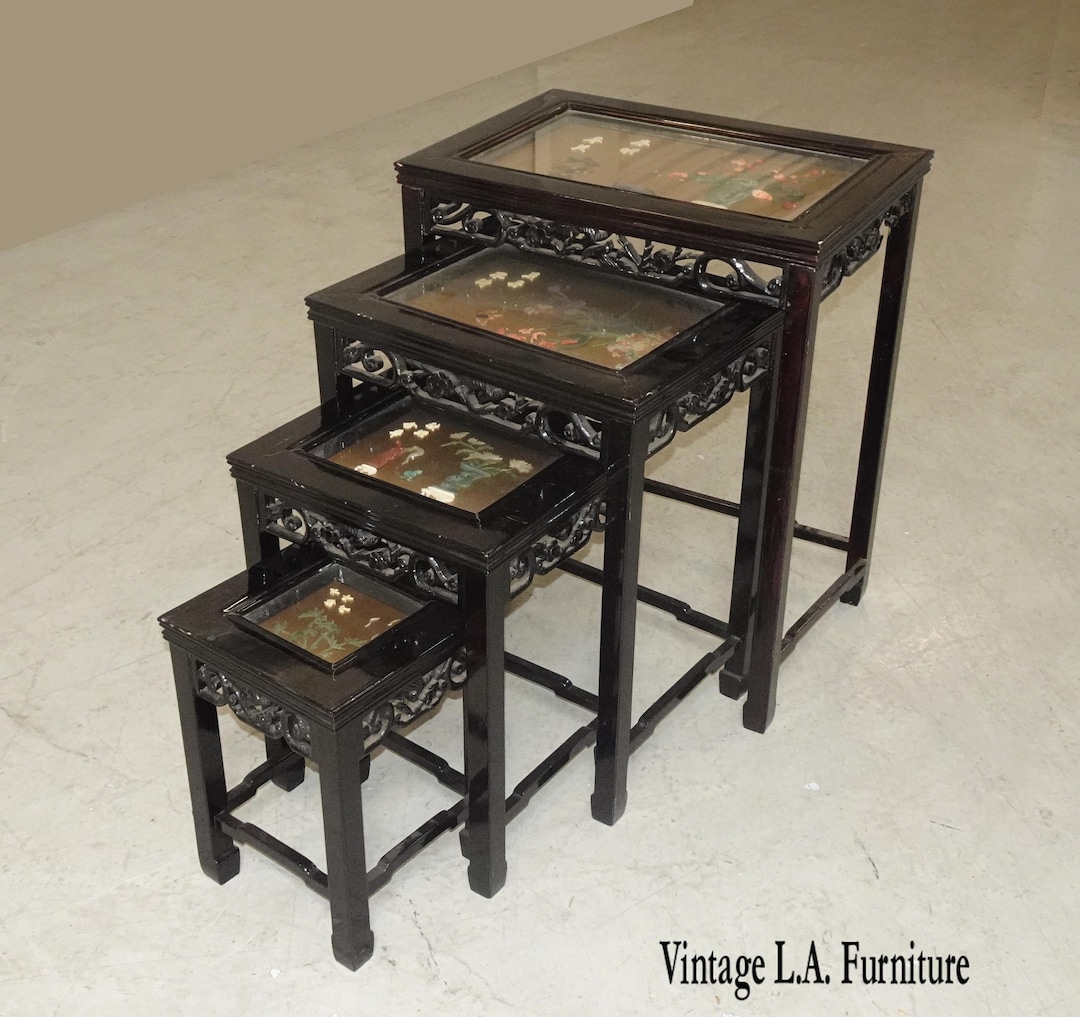 Set of Four Vintage Oriental Asian Black Nesting Tables W Decorative ...