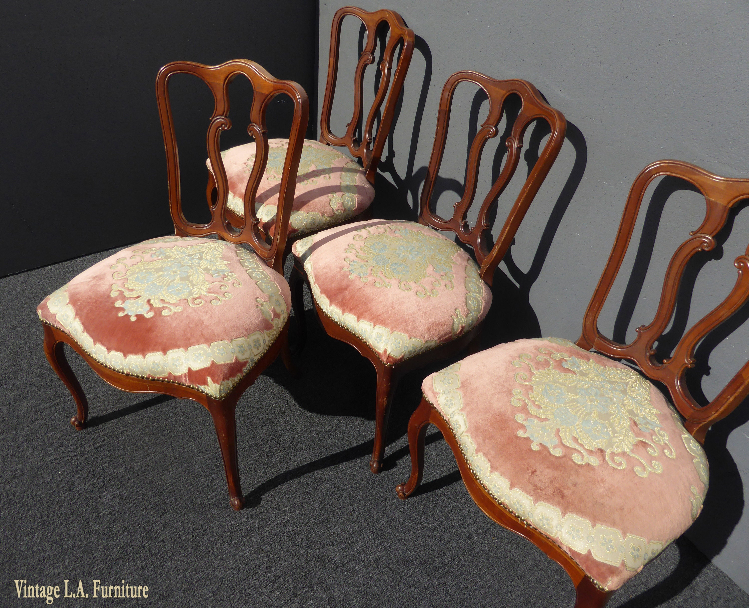 Set of Four Vintage French Country Style Floral Pink Velvet Side Dining ...