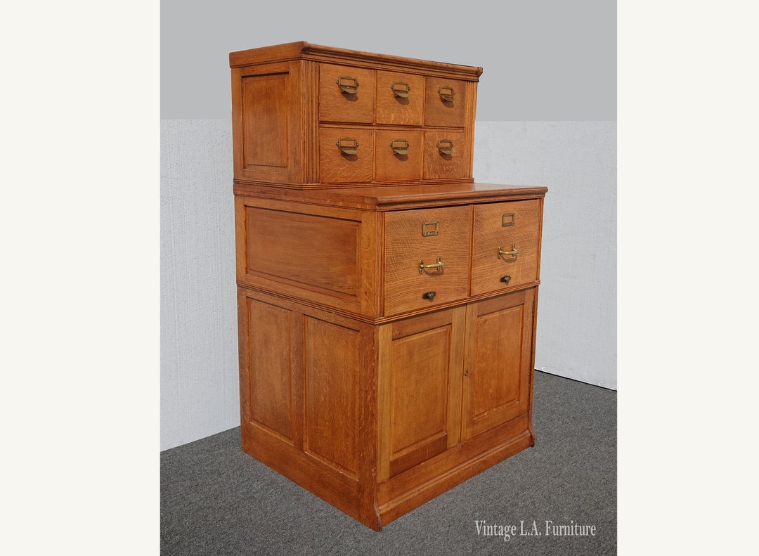 Antique Shannon Oak Stacking Sectional Double File Cabinet Card Index ...