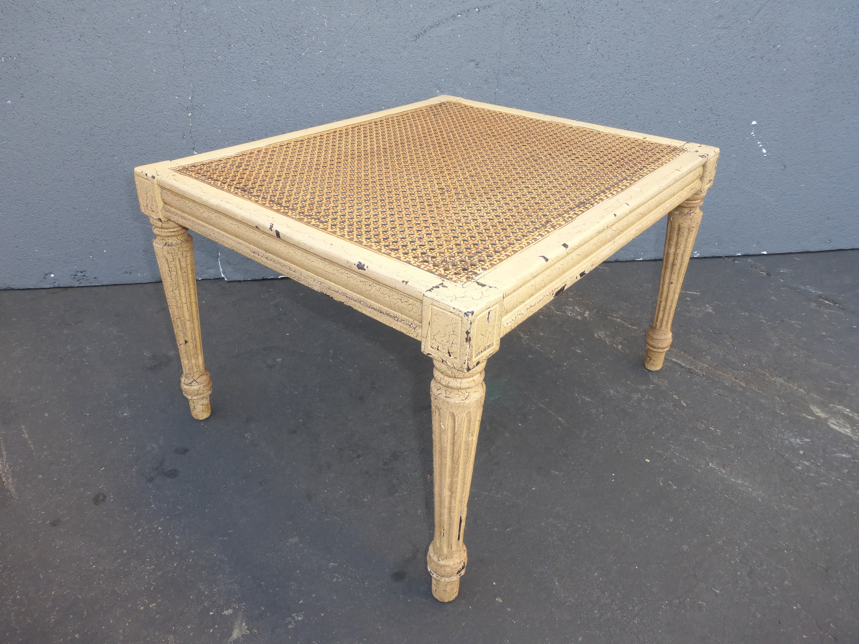 Vintage French Provincial Cane Top Distressed Crackle Finish End Table