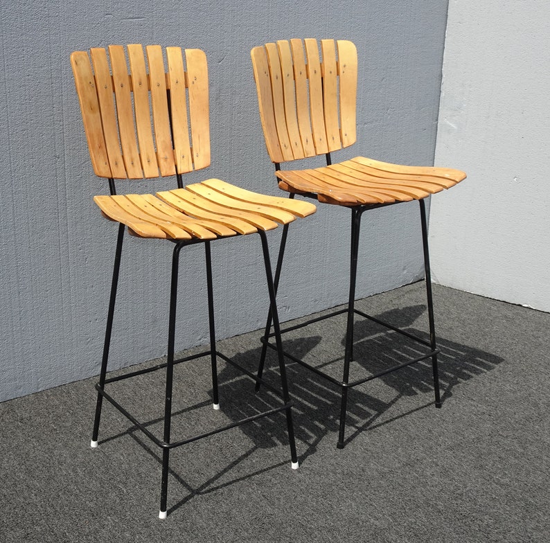 Vintage Mid Century Modern Wood Slats Counter Stool Height ~ Barstools ...