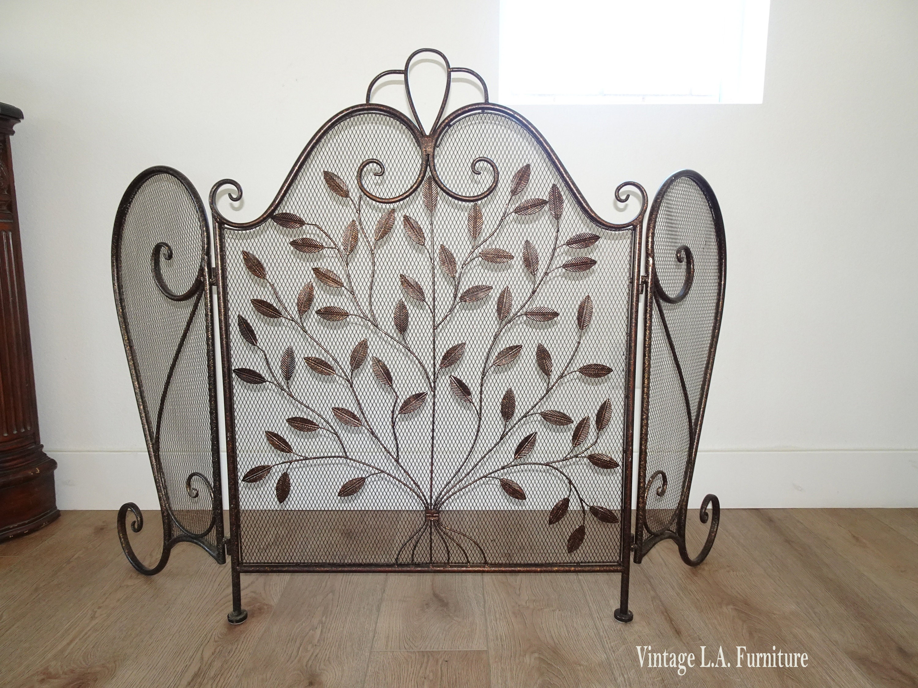 Spanish Style Metal Three panel Large Fireplace Screen with Gold Accents