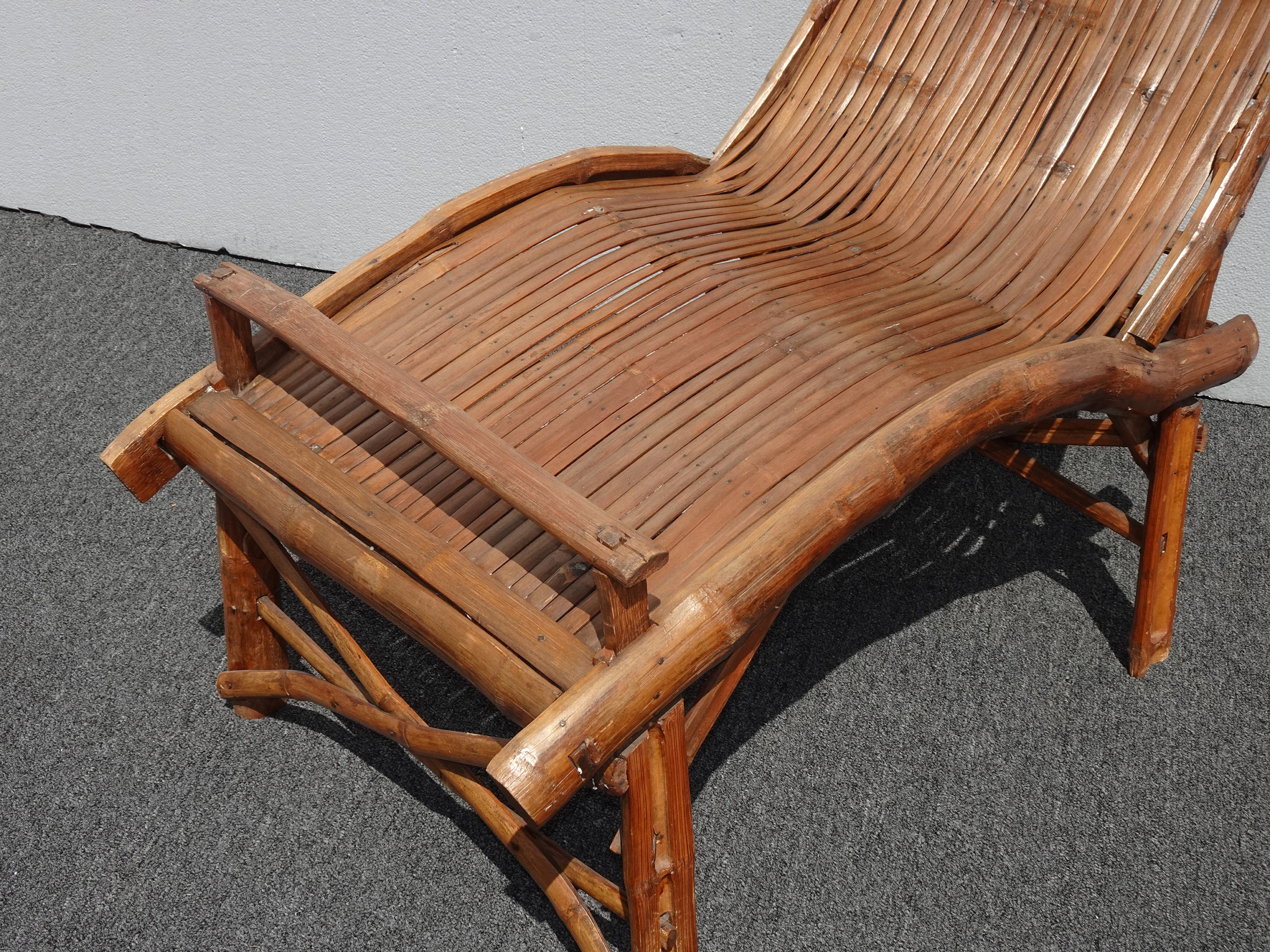 Vintage Mid Century Primitive Rustic Rattan Chaise Lounge Chair Tiki ...