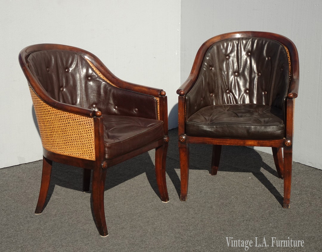 Pair Vintage Theodore Alexander Brown Tufted Leather and Double Cane ...