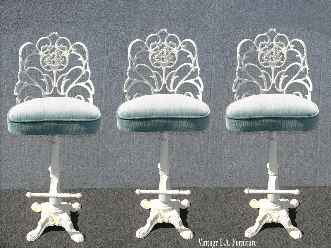 Set of Three Vintage French Spanish Style Ornate Cast Iron Blue Bar Stools Barstools - Etsy