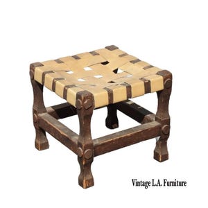 Vintage Rustic Spanish Style Stool Bench With Leather Straps - Etsy