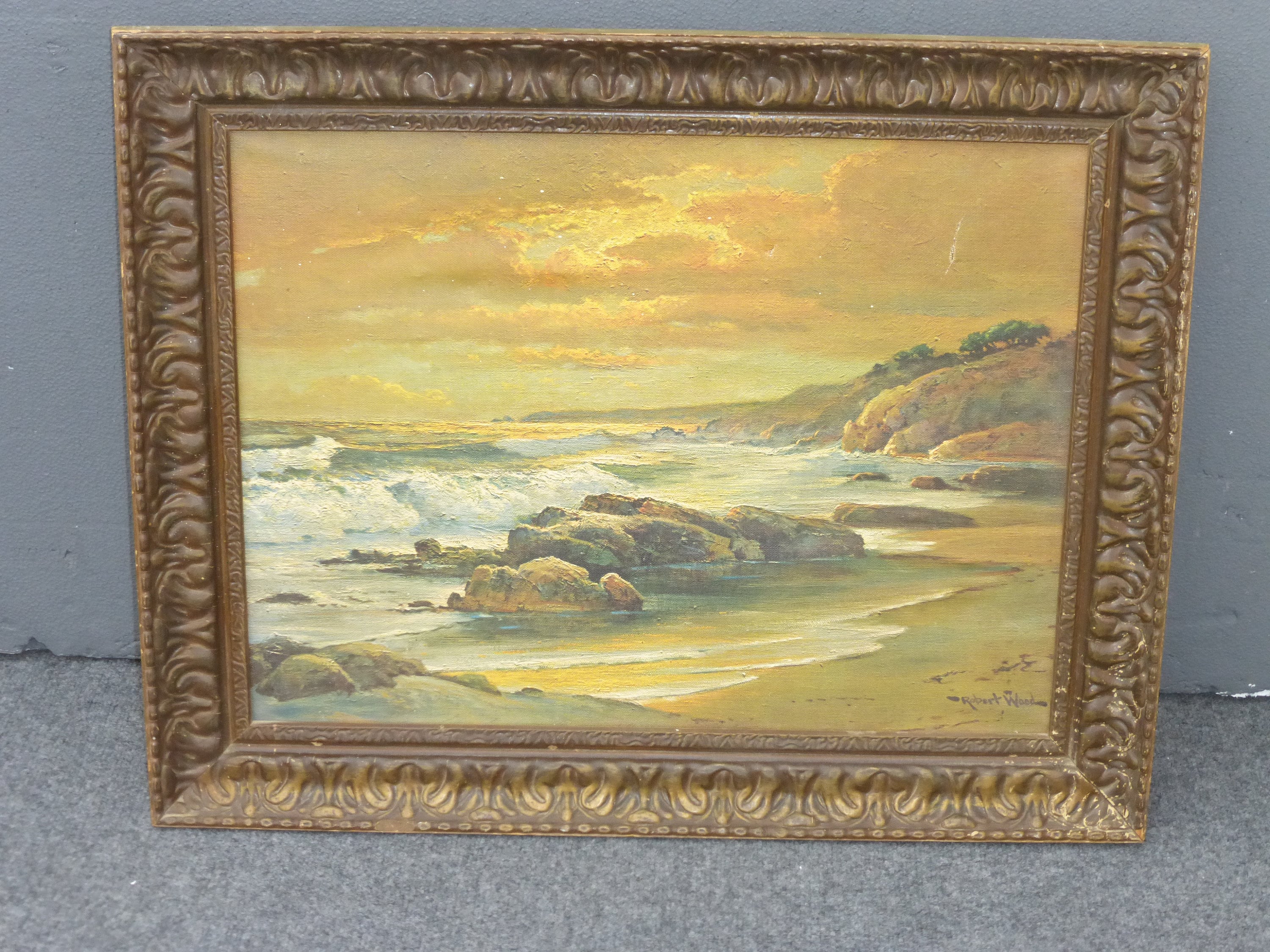 Vintage Framed Robert Wood Seascape Print on Canvas