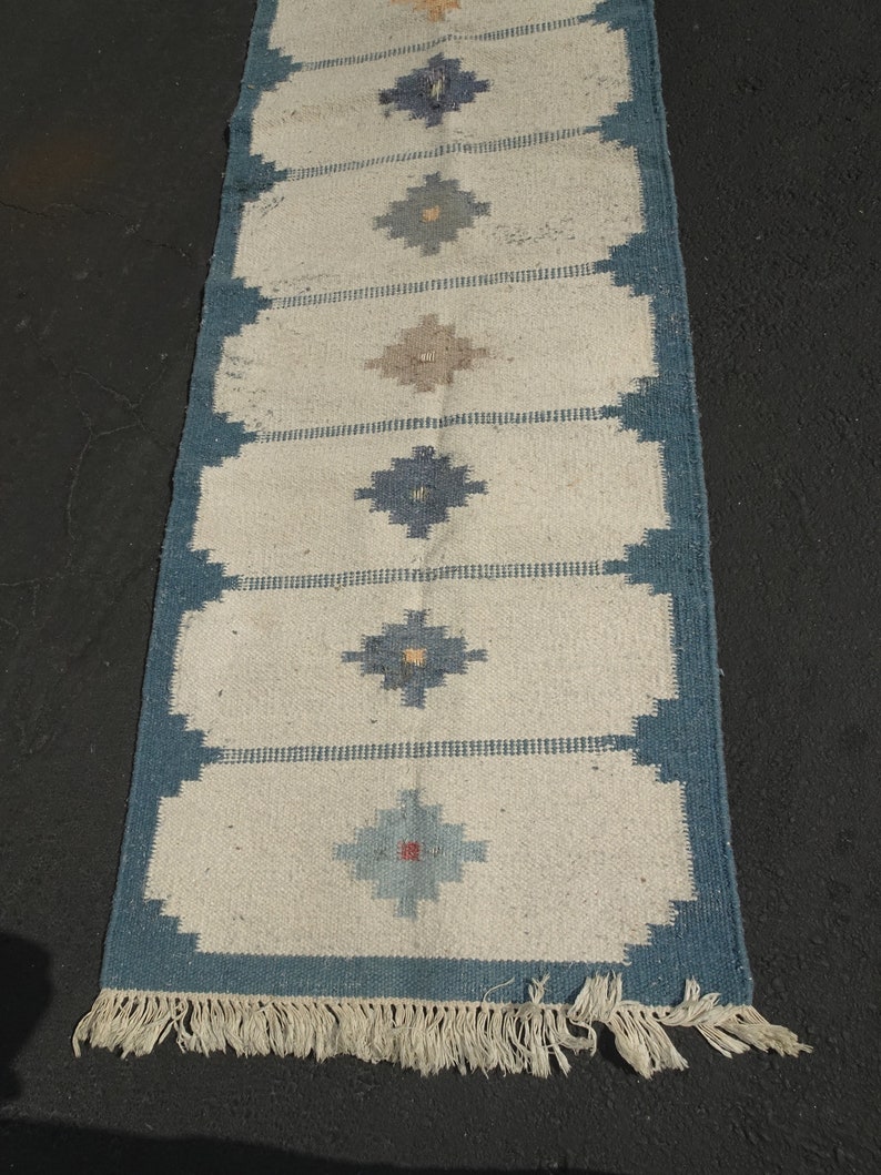 90 Long Vintage French Country Blue and White Rug Runner Asis - Etsy