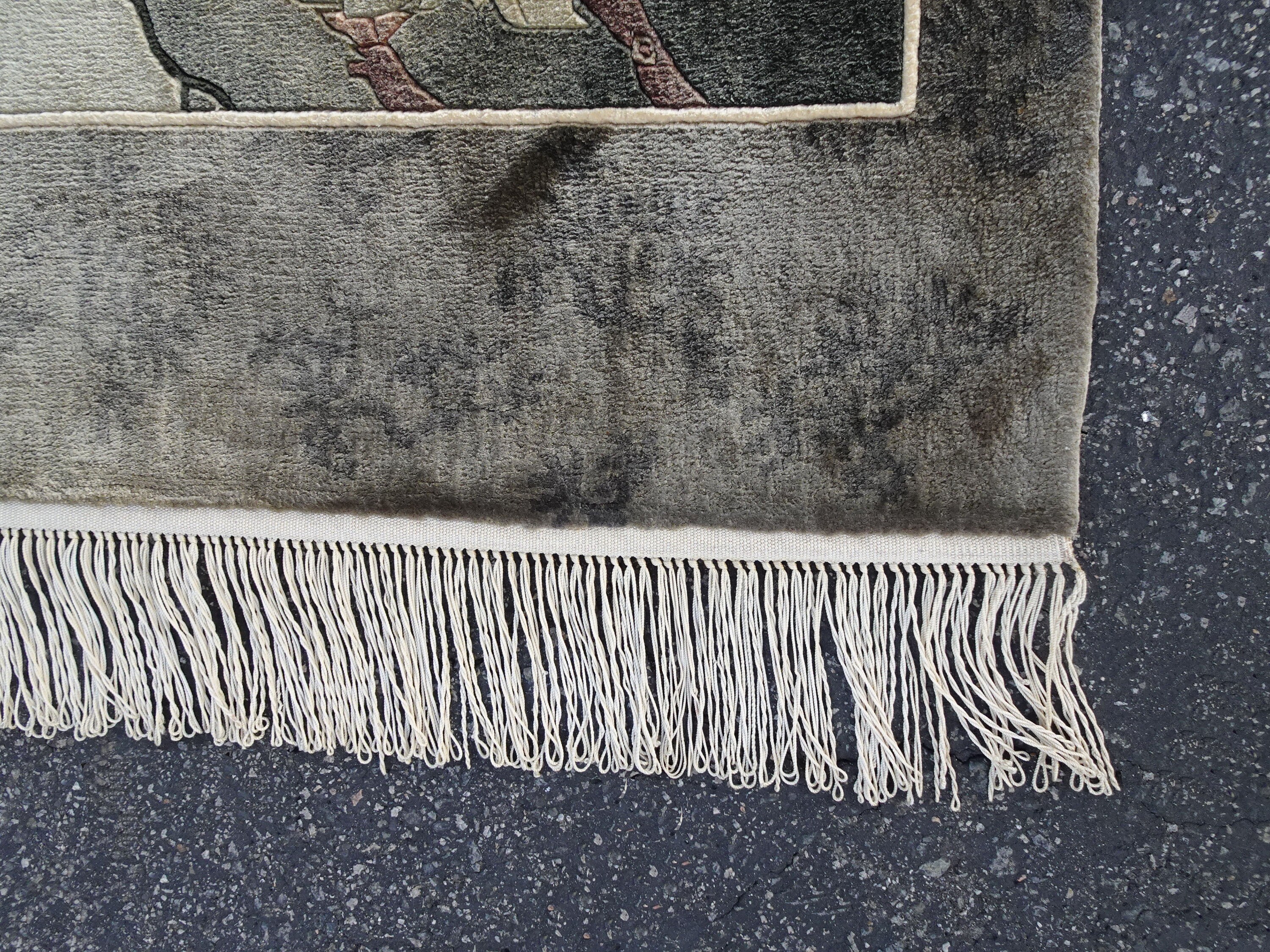 Vintage Chinese Wool Wall Hanging Rug Tapestry 'Temple w Lake and Boats'