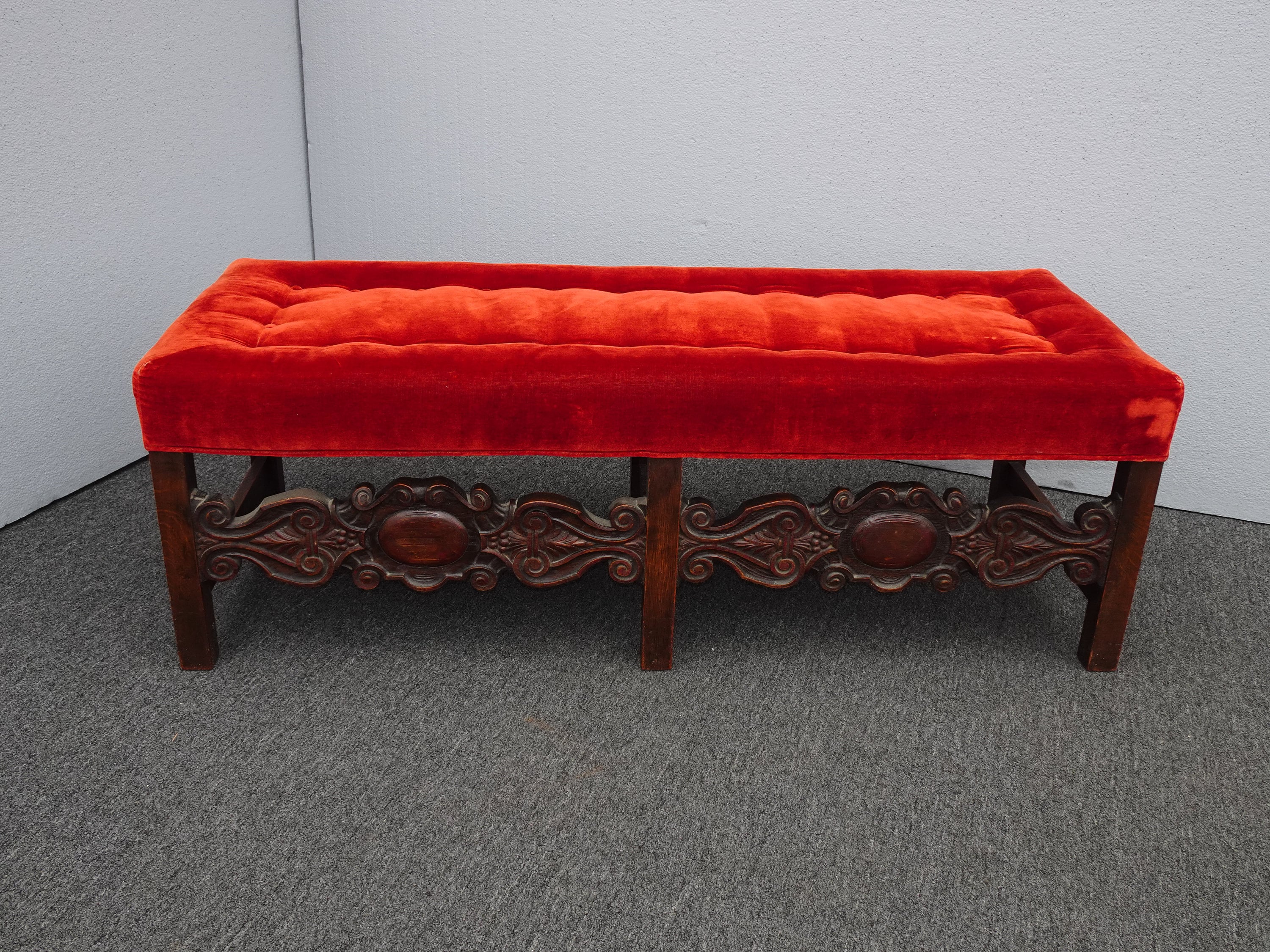 Antique French Provincial Red Velvet Bench Settee w Goose Down Feathers