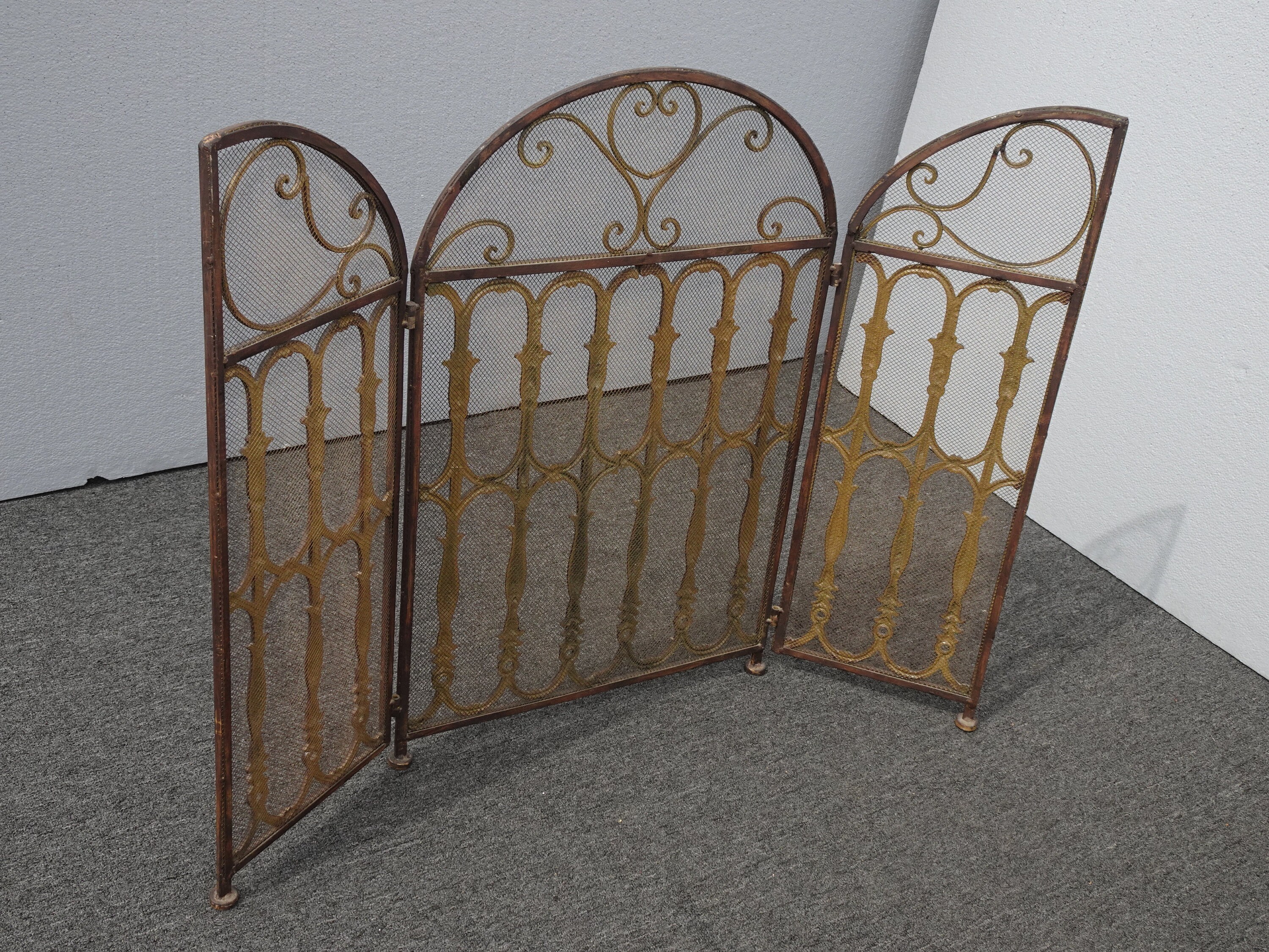 Vintage Spanish Style Brown Fireplace Screen w Scrolls