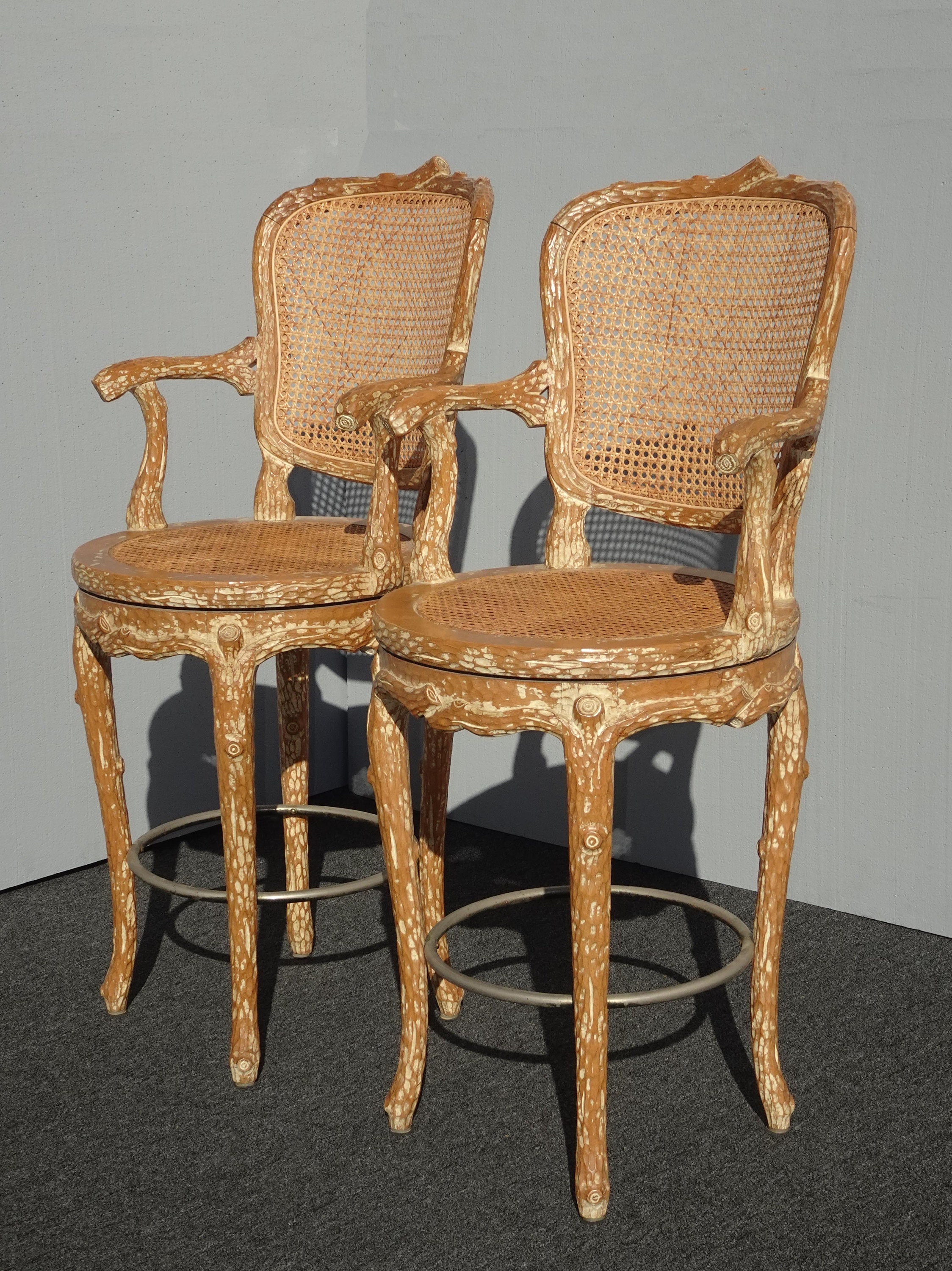 Pair Vintage French Country Cane w Crackle Finish Golden Brown Swivel ...